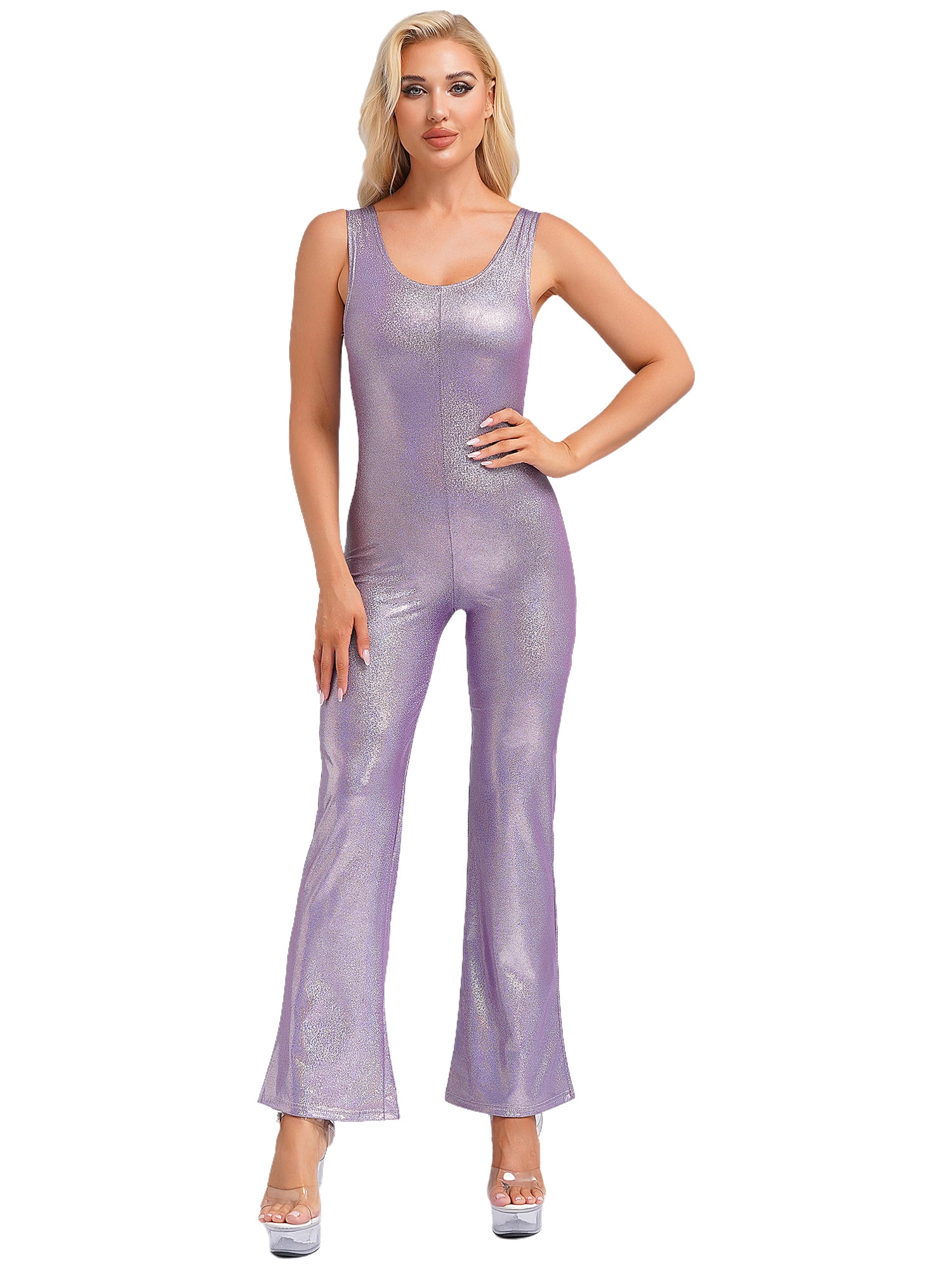 Sxiwei Womens 70s Disco Jumpsuit Halloween Costume Sleeveless Sparkly ...