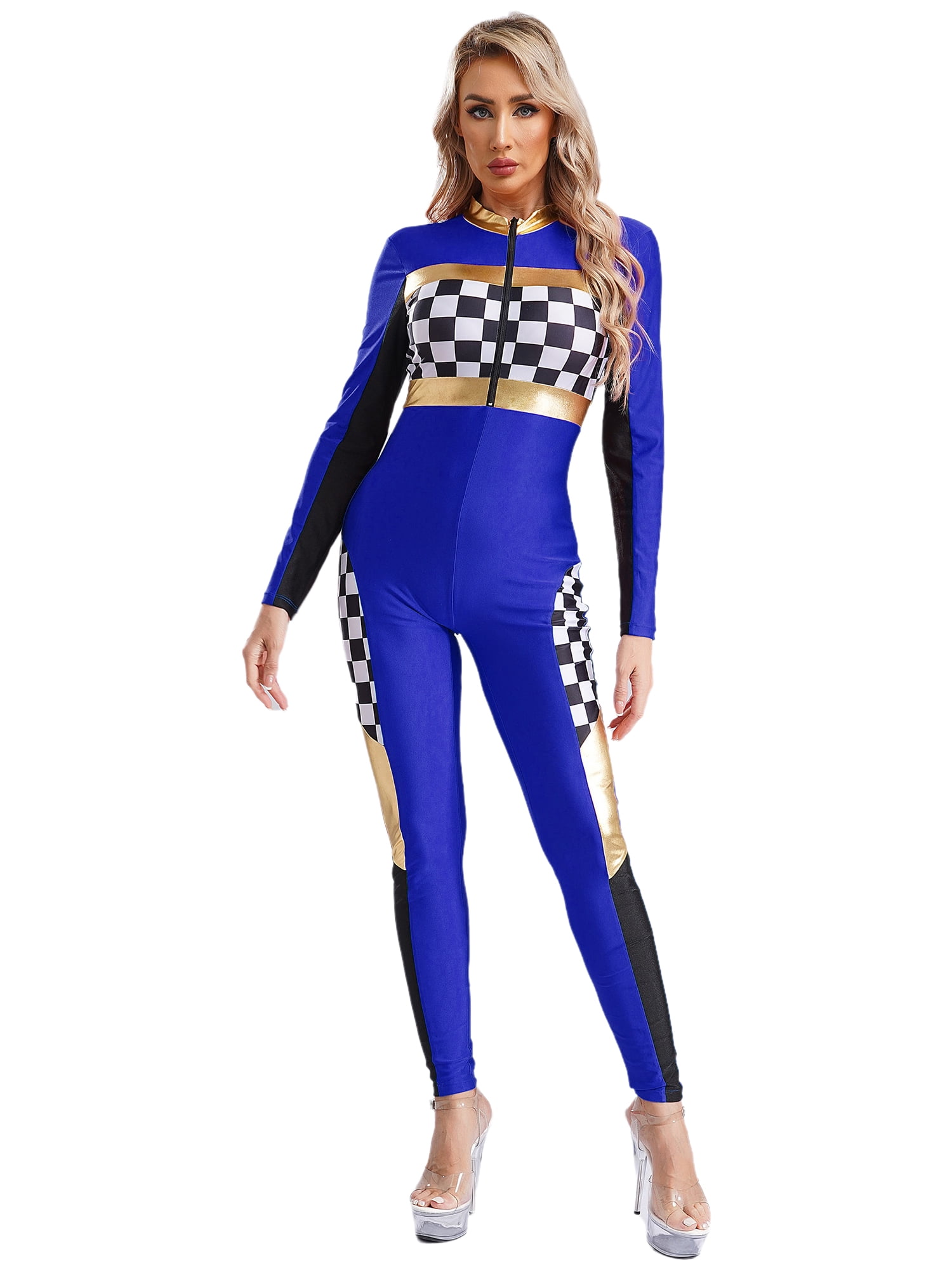 Sxiwei Womens Checkerboard Jumpsuit Rompers Racer Driver Costume Speed Car Driver Uniform Royal ...