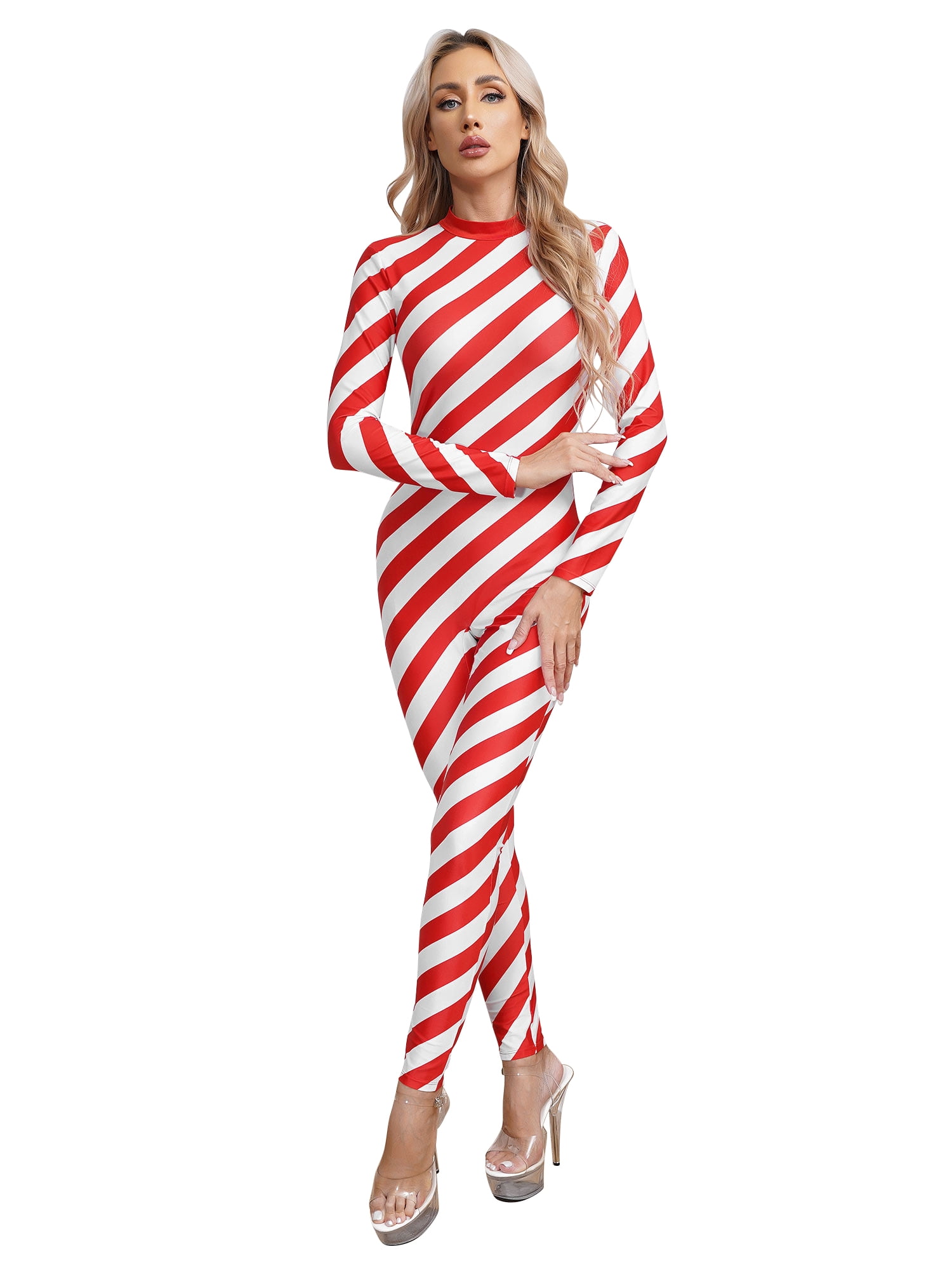 Sxiwei Womens Christmas Full Jumpsuit Bodysuit Long Sleeve Striped ...