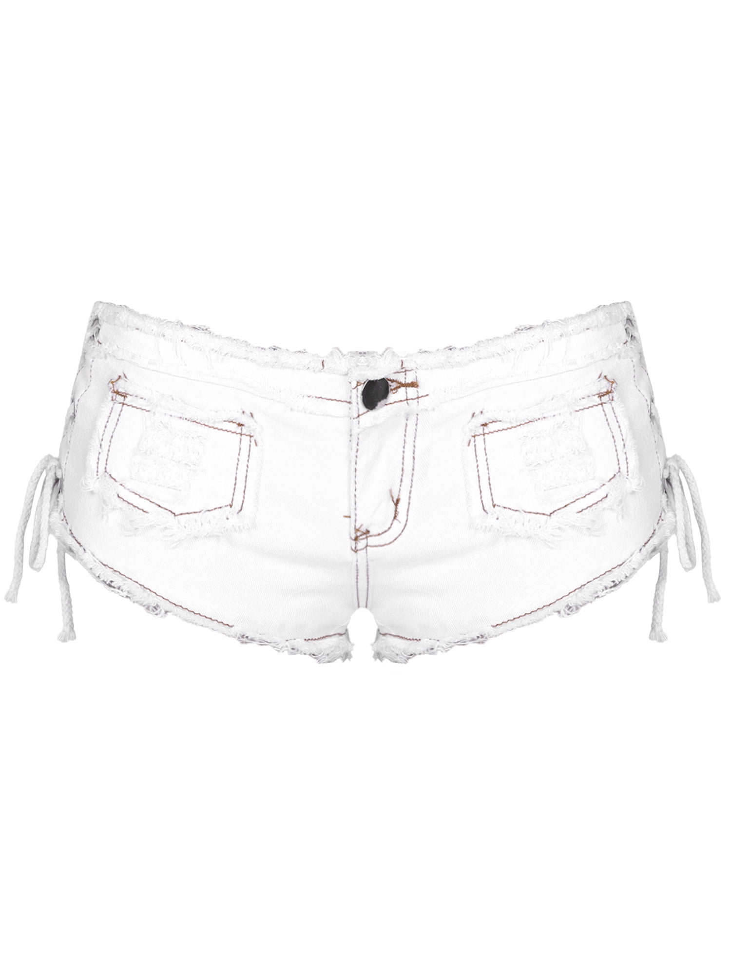 Sxiwei Womens Low Rise Mini Denim Shorts Side Lace Up Denim Thong Cheeky Jeans Shorts White L
