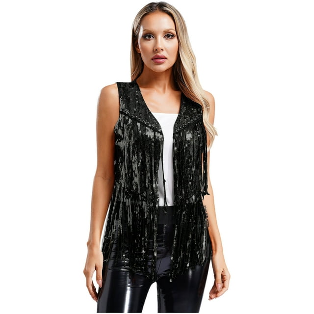 Sxiwei Womens Sequin Fringe Vest Jackets Sparkly Shiny Glitter Tops ...