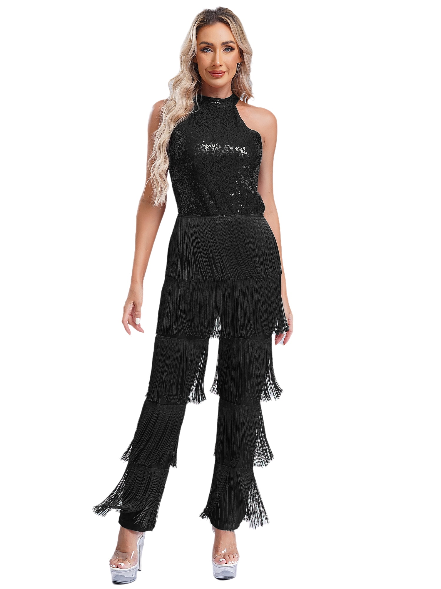 Sxiwei Womens Shiny Sequins Fringe Jumpsuit Jazz Costume Flowy Tassel ...