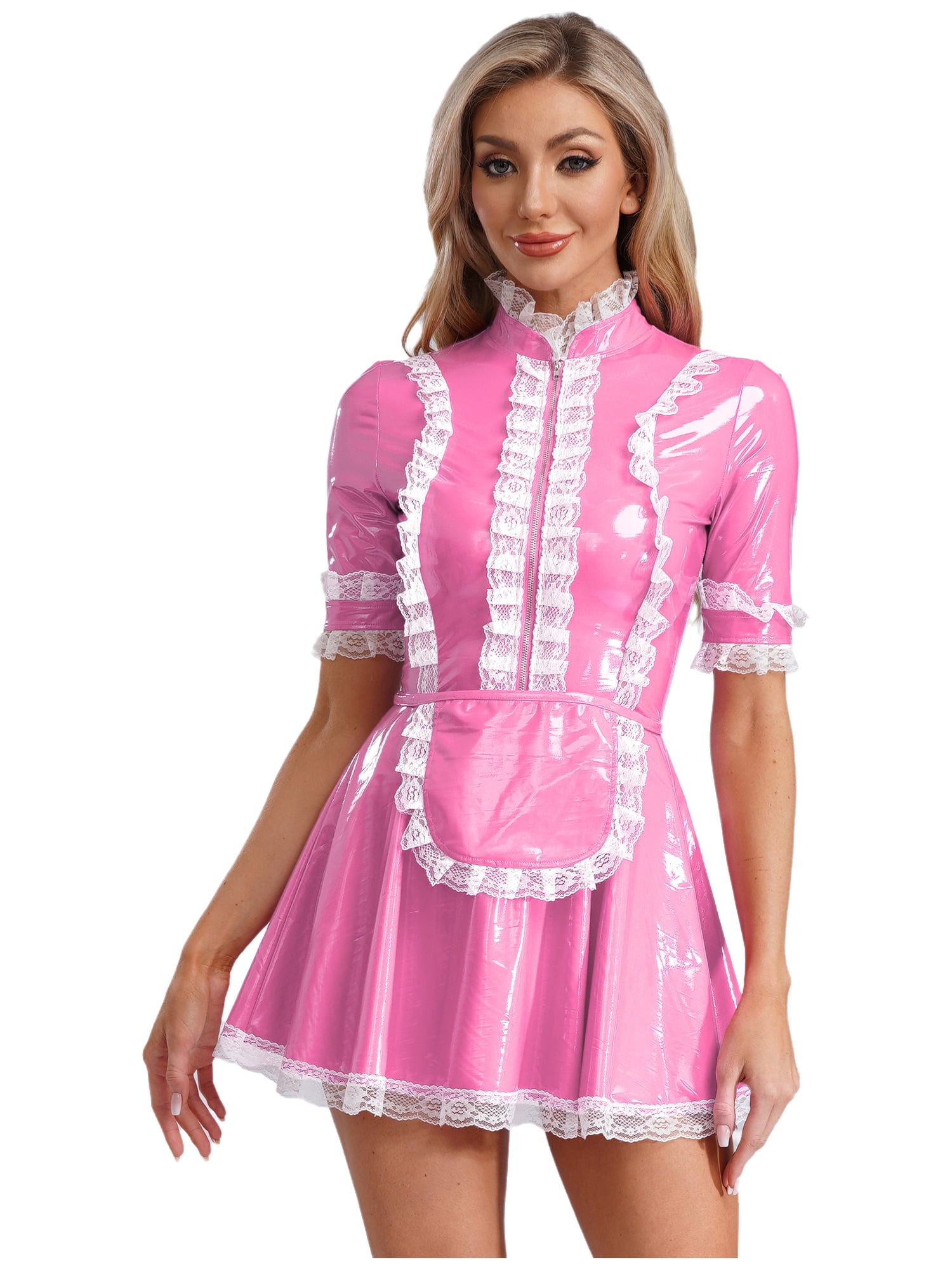 Sxiwei Womens Wetlook French Maid Cosplay Costume Short Sleeve Lace ...