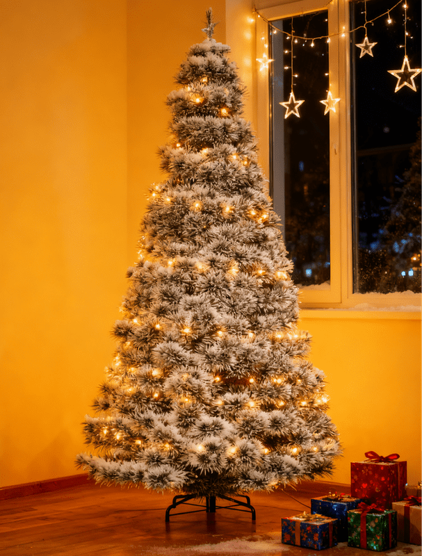 Sybels 6ft Pre-Lit Snow Flocked Artificial Christmas Tree, Hinged ...