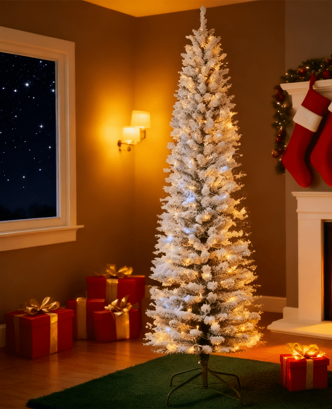 Sybels 6ft Slim Snow Flocked Pencil Tree with Warm White Lights | Pre ...