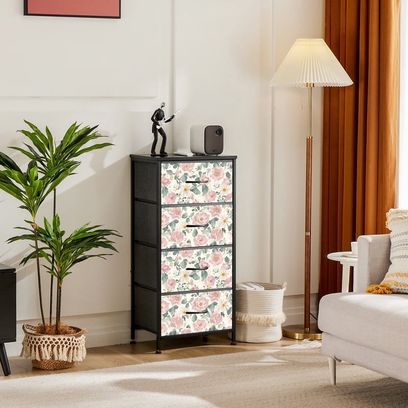 Sybels Dresser with 4 Drawers, Retro Floral Pattern Fabric Bins with ...