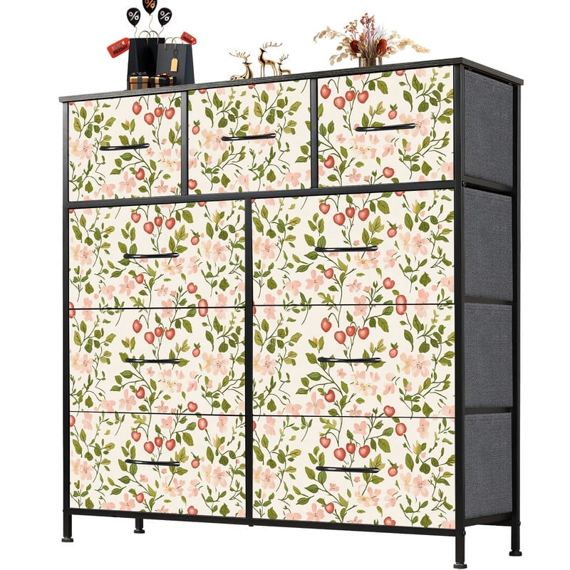 Sybels Dresser with 9 Drawers, Retro Floral Pattern Fabric Bins with ...