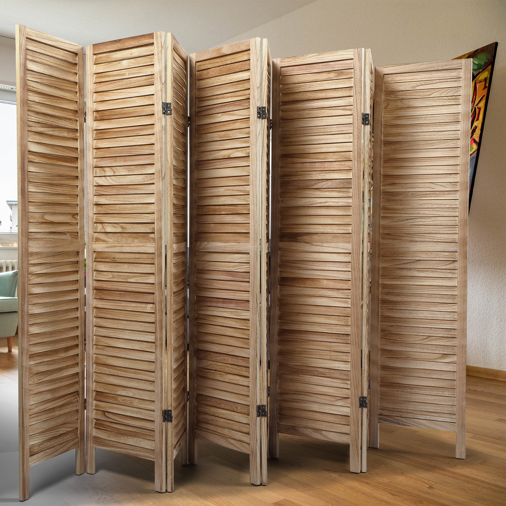 Sycamore Wood 8-Panel Folding Louvered Room Divider - Light Burn Finish ...