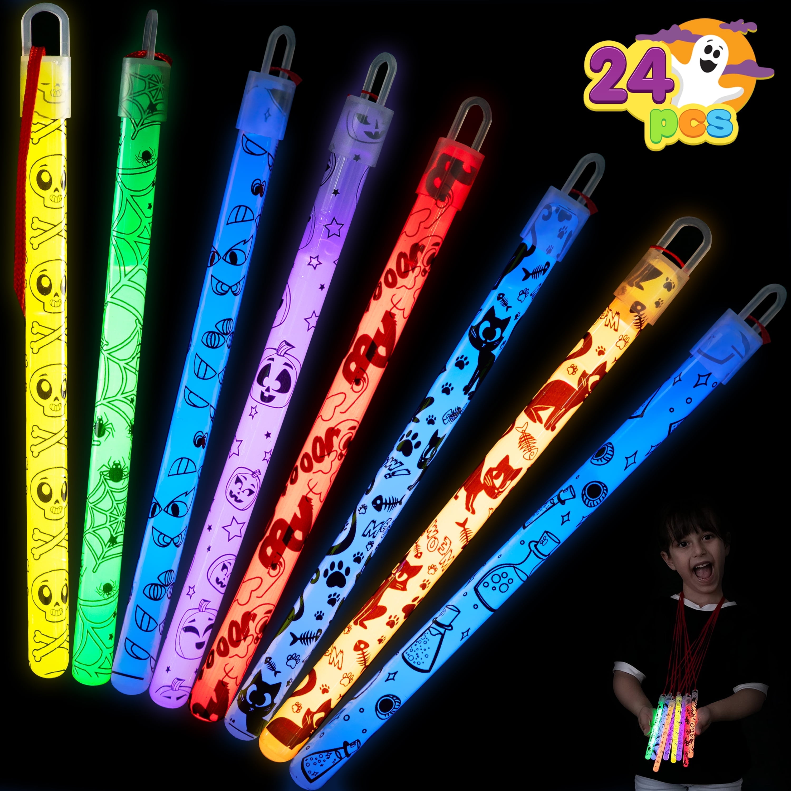 Sycnfun 24 Pcs Halloween Glow Sticks Bulk Party Pack,Hanging Wands Glow ...