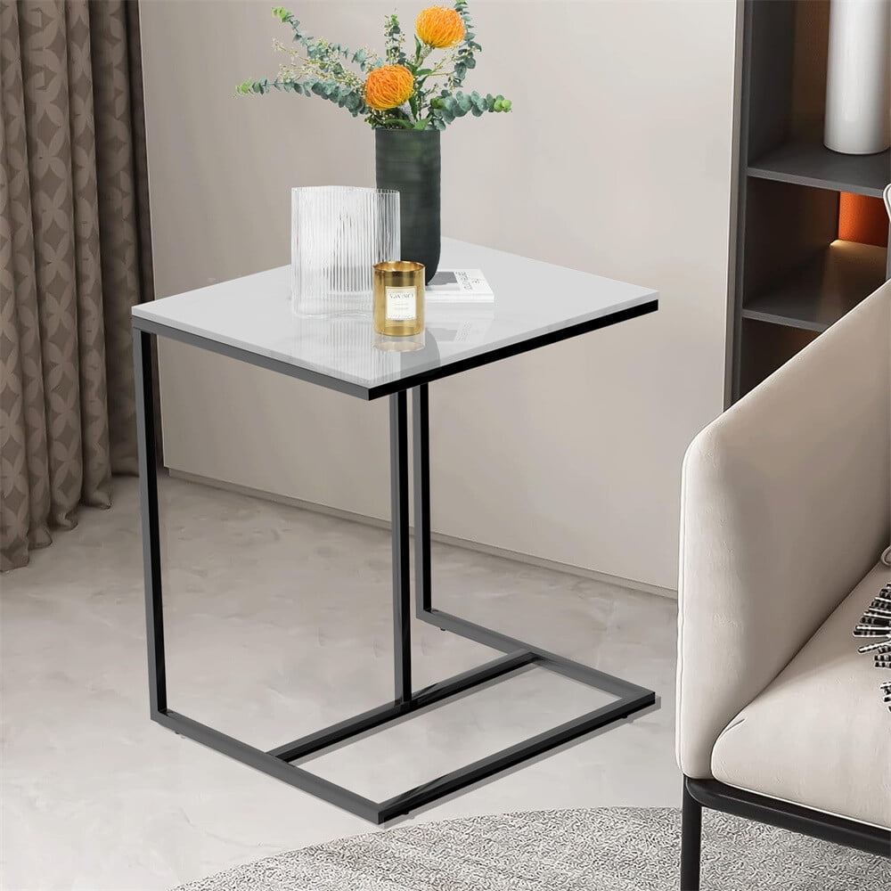 Sycol C Shaped Side Table – Extra Wide Marble White Top End Table ...