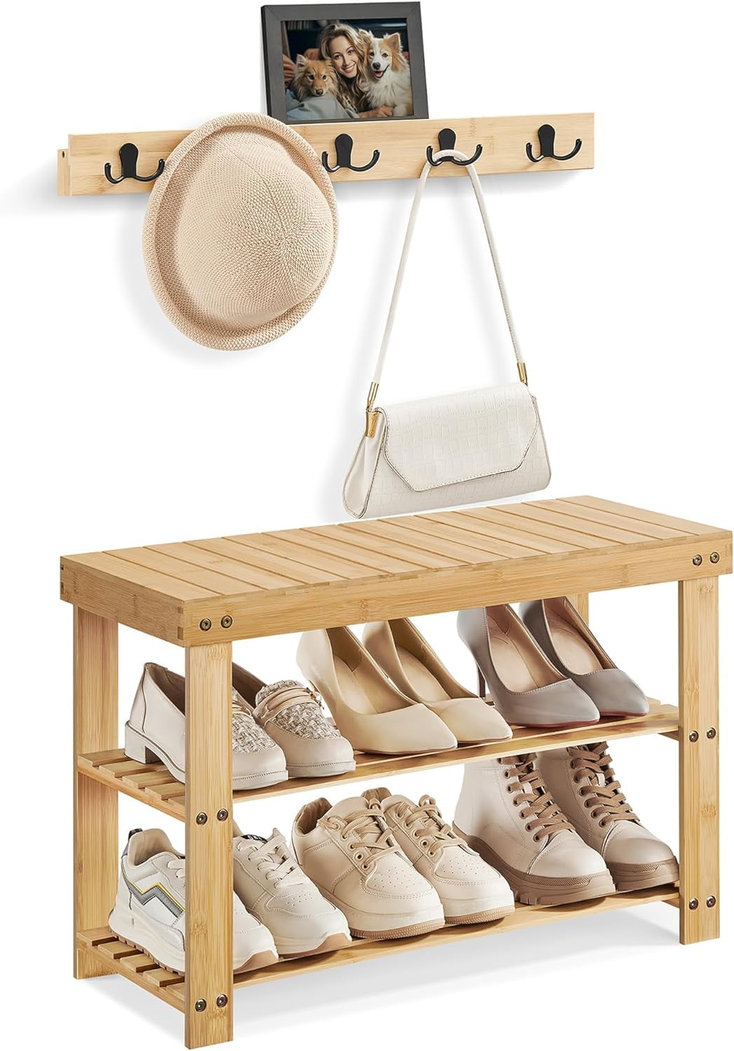 Sycol Coat Rack Shoe Bench Set, 3-Tier Bamboo Shoe Rack Bench ...