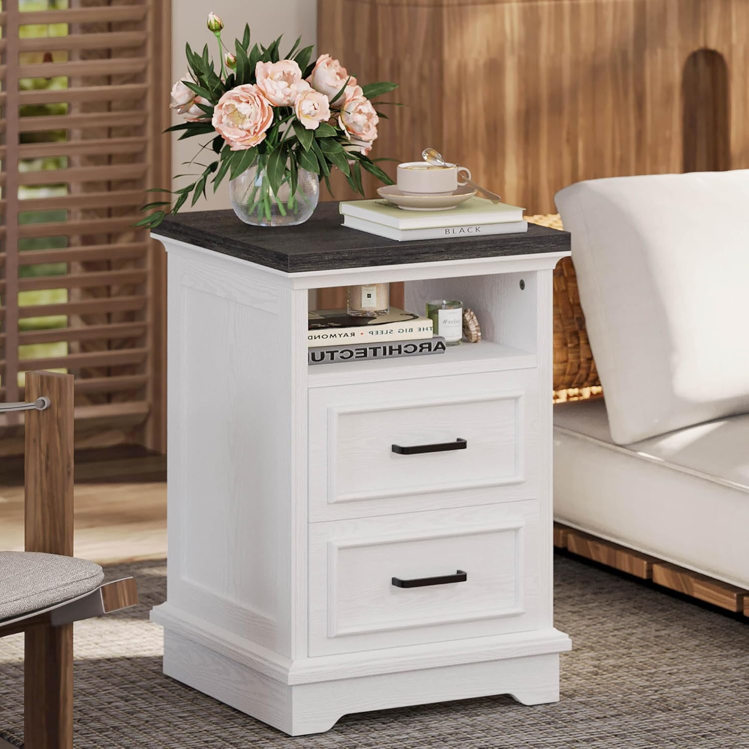Sycol Farmhouse Nightstand with Storage Drawers and Open Shelf, Small End Tables Living Room ...