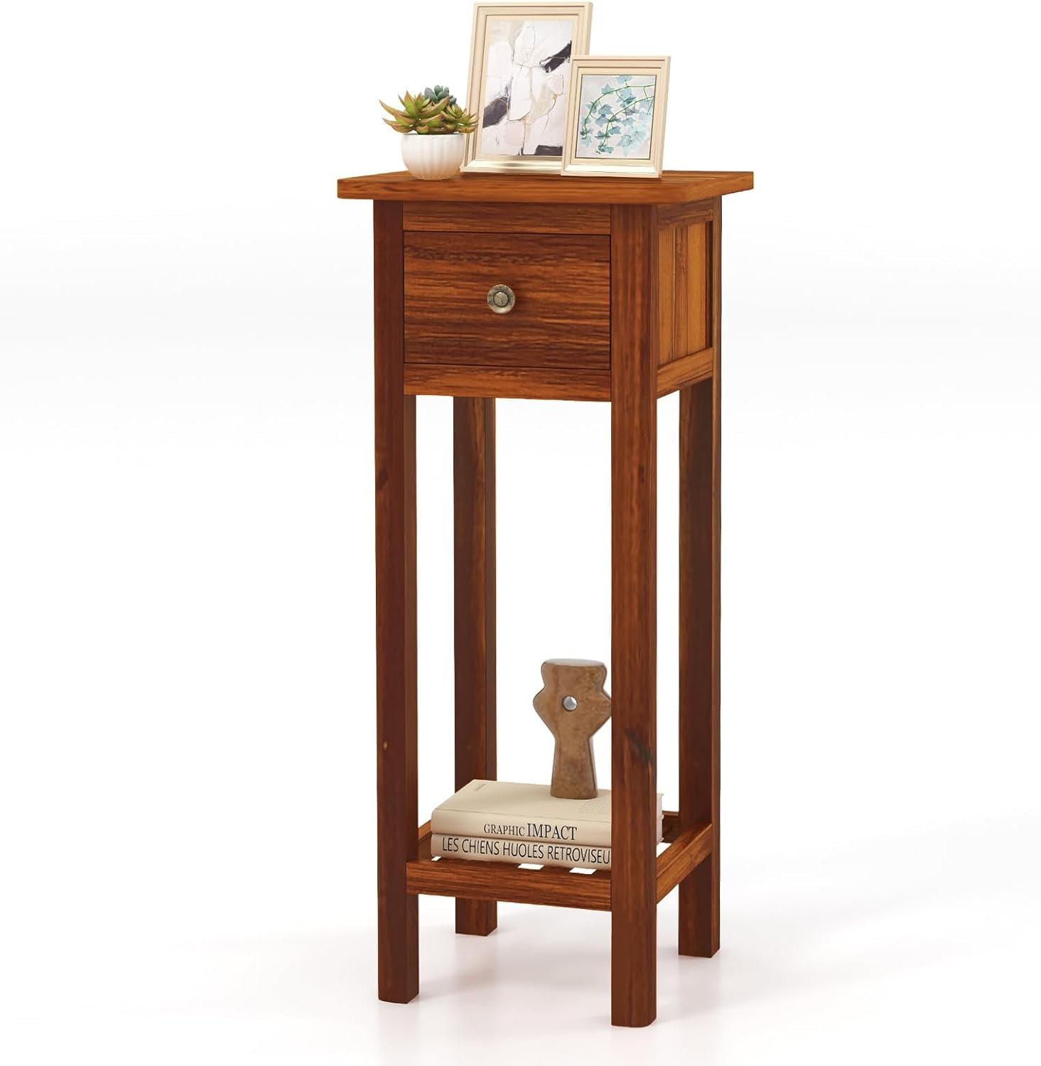 Sycol Narrow End Table with Drawer, Tall Acacia Wood Side Table with ...