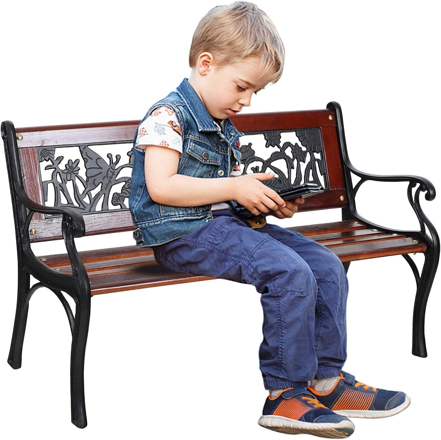 Sycol Outdoor Bench Patio Mini Garden Bench Wooden Cast Iron Porch Park ...
