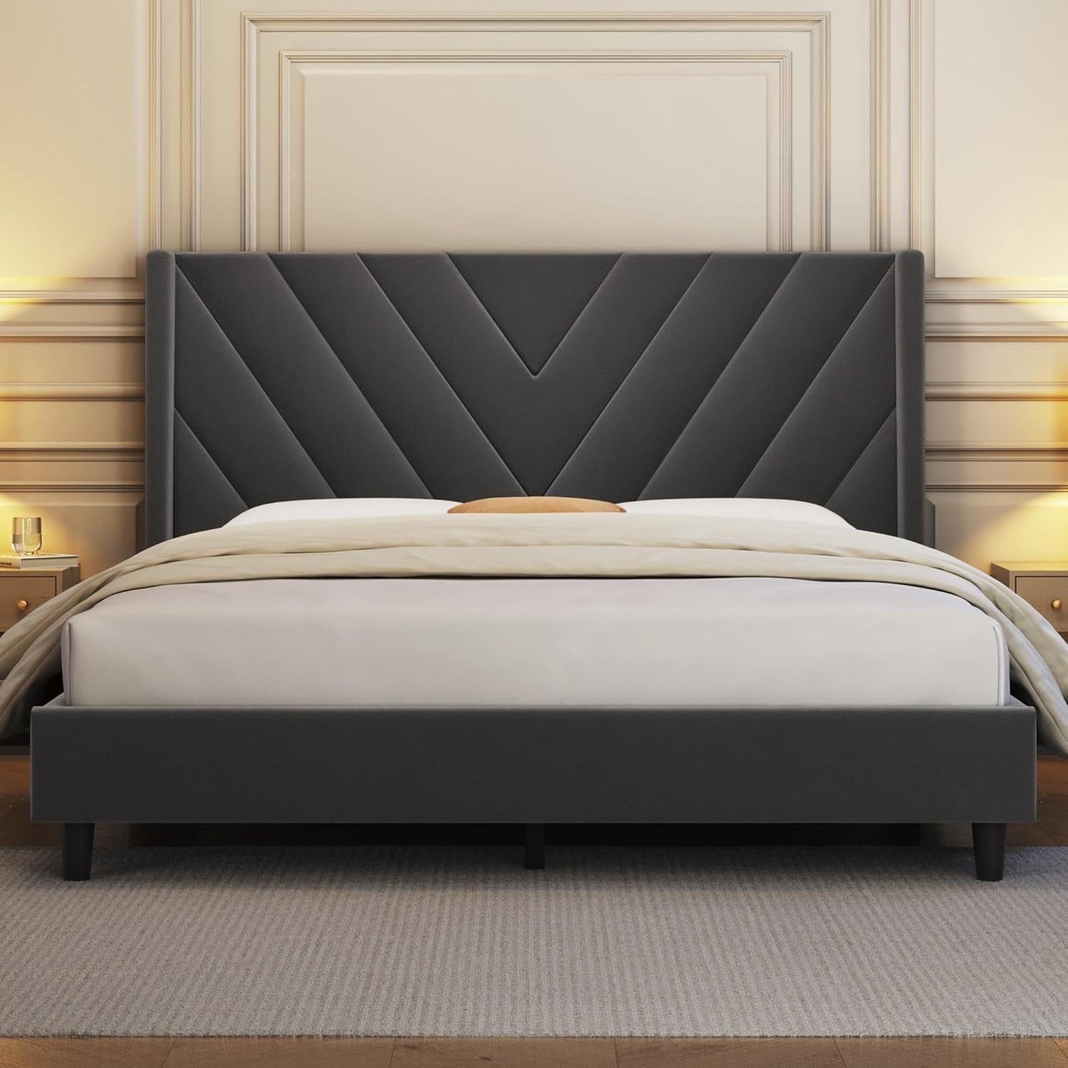 Sycol Queen Bed Frame Upholstered Platform Bed with Wing Side/Wooden ...