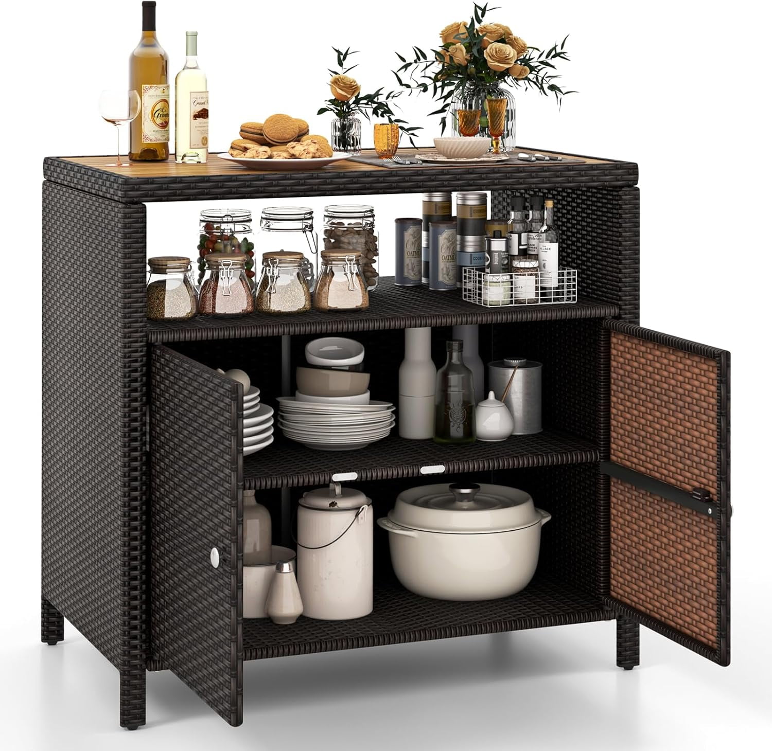 Sycol Rattan Storage Cabinet, Patio Sideboard Buffet Cabinet with ...
