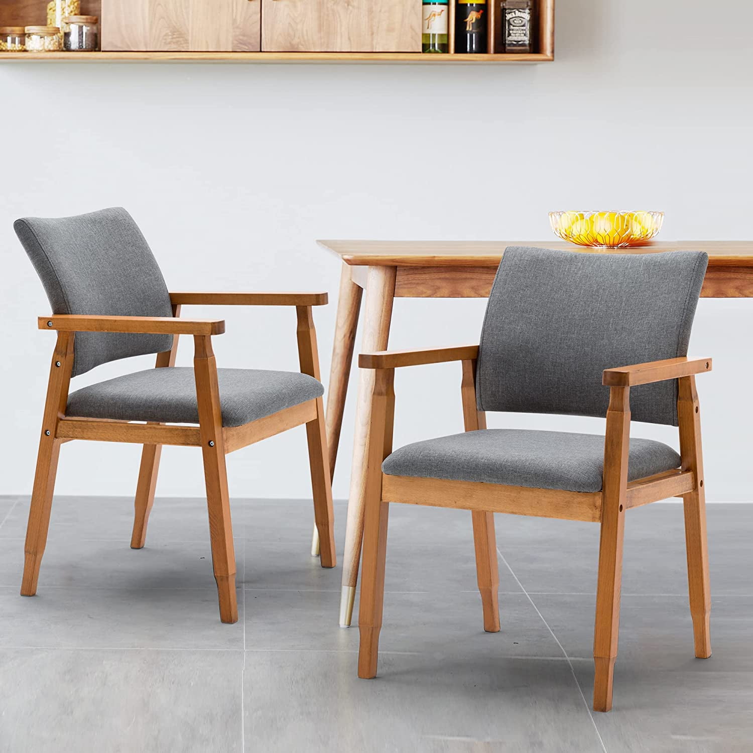 Sycol Set of 2 Mid Century Modern Walnut Dining Chairs Wood Arm Grey ...