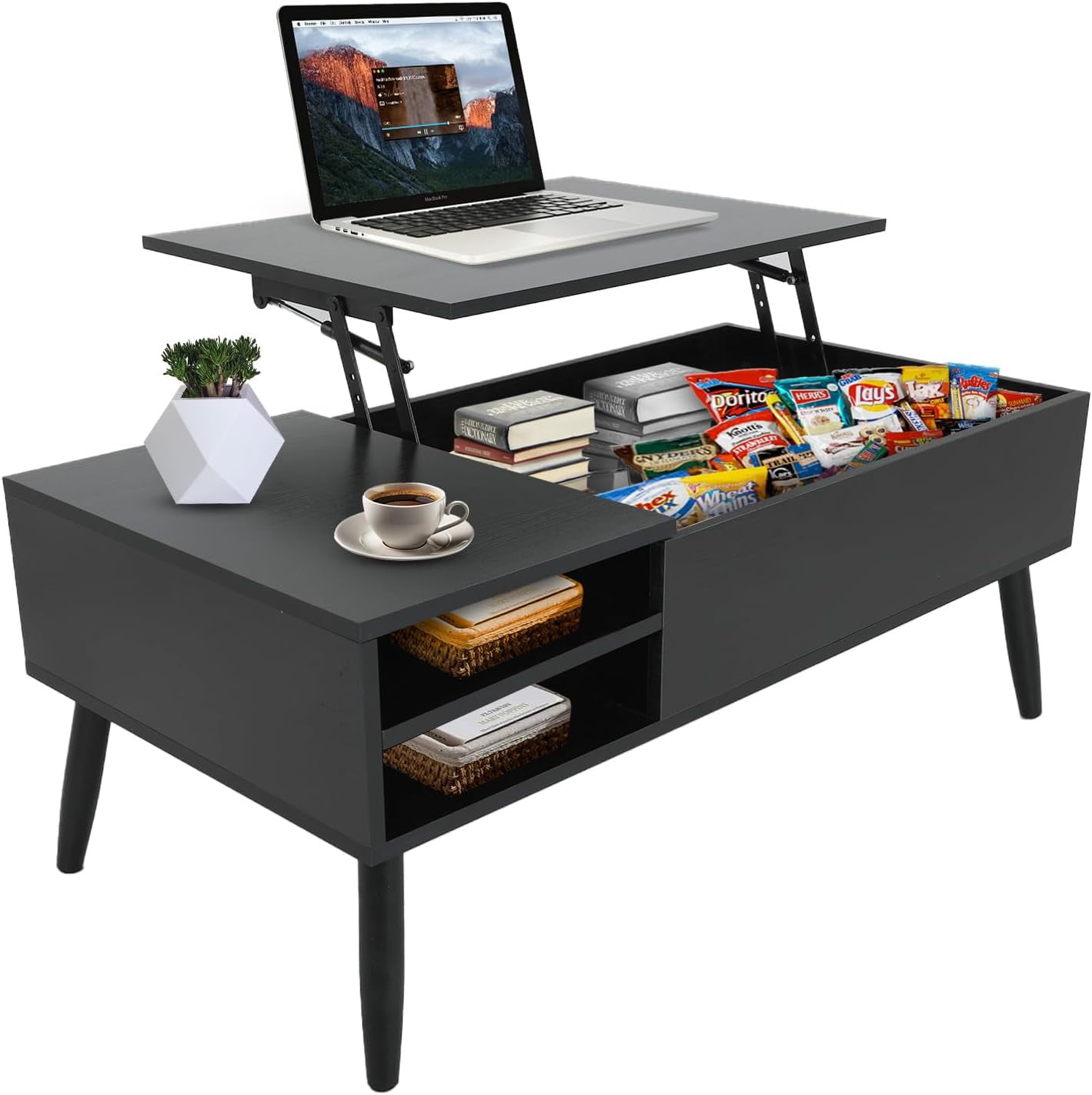 Sycol Wood Lift Top Coffee Table with Hidden Compartment & Adjustable ...