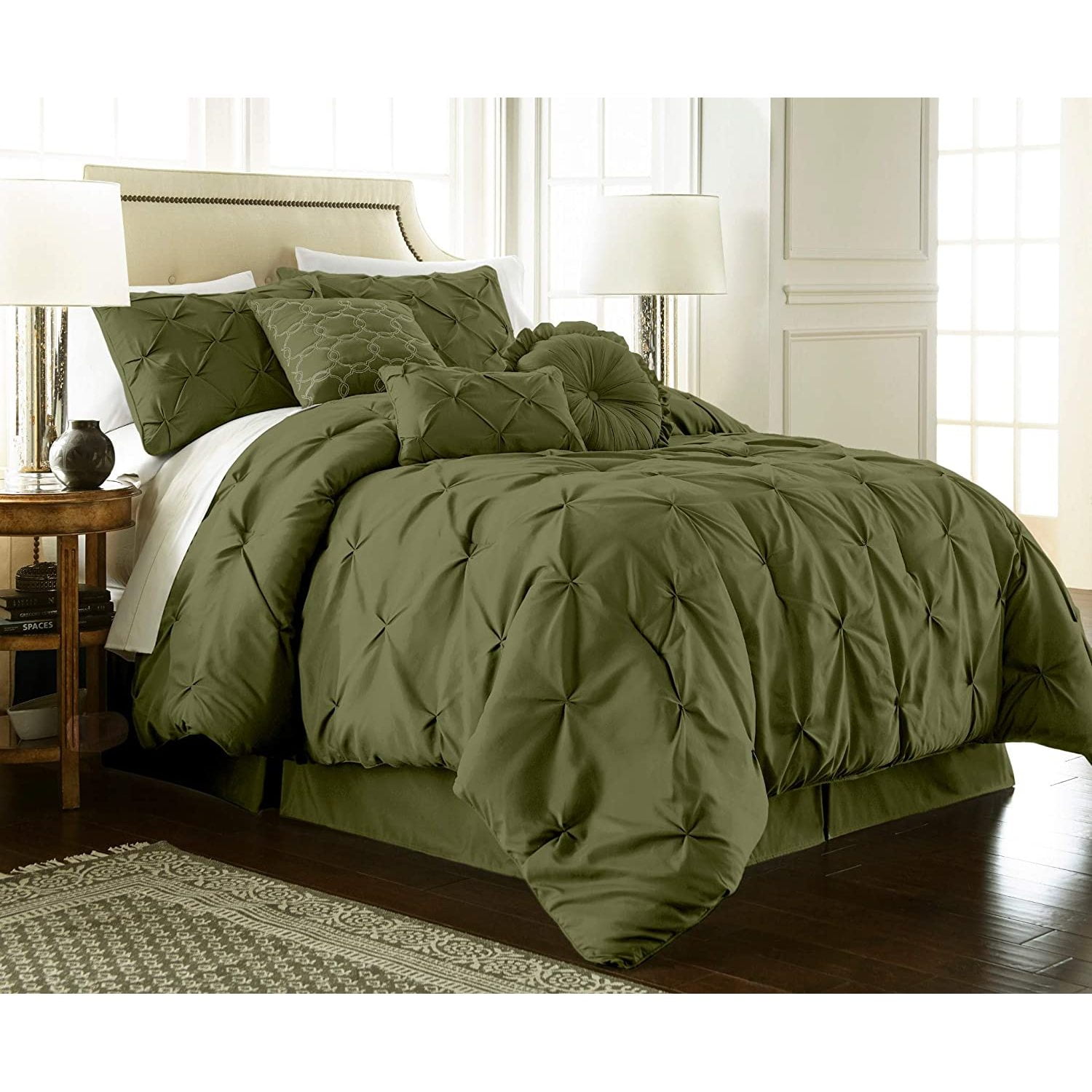 Sydney 7-Piece Pinch Pleat Pintuck Bedding Comforter Set (Queen, Olive ...