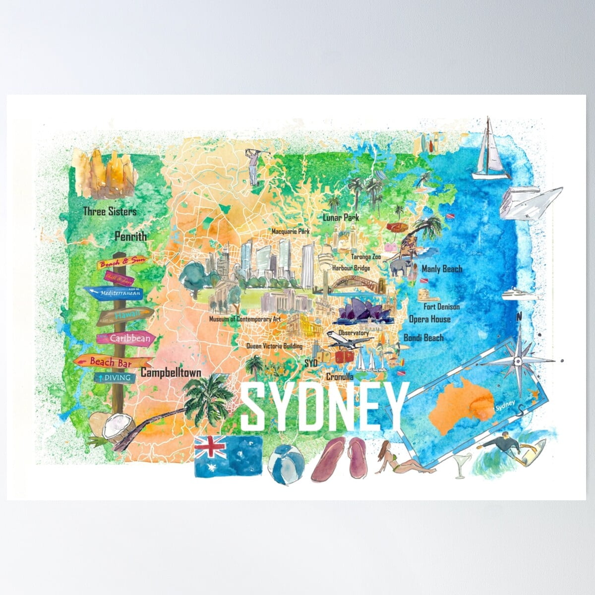 Sydney Australia Illustrated Map With Main Roads Landmarks And ...
