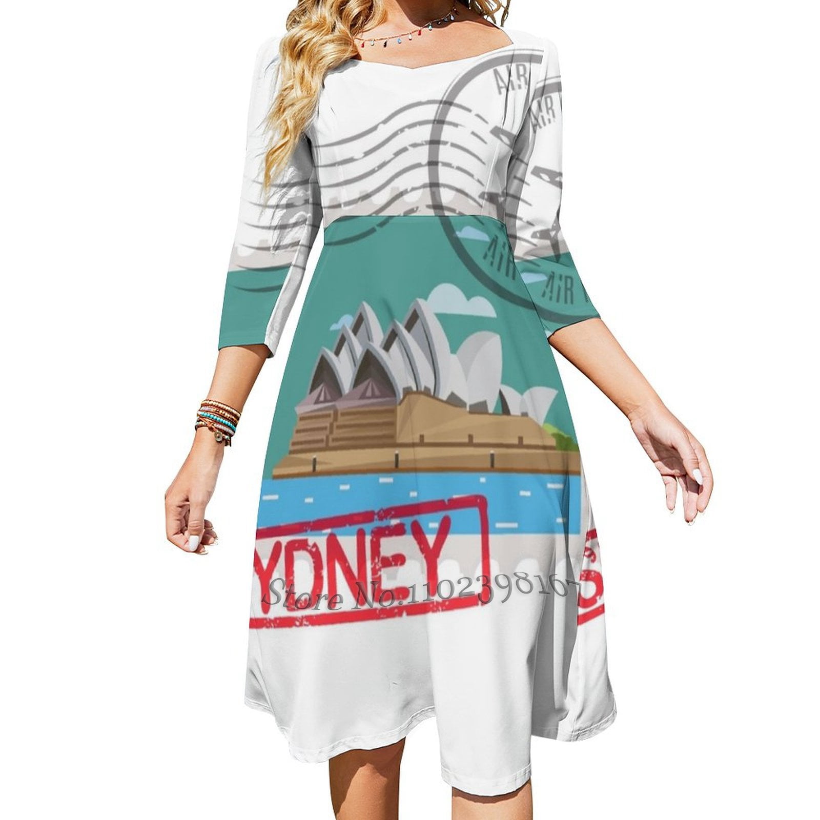 Sydney Stamps Square Neck Dress Cute Loose Print Dresses Elegant Beach Party Dress Seal City ...