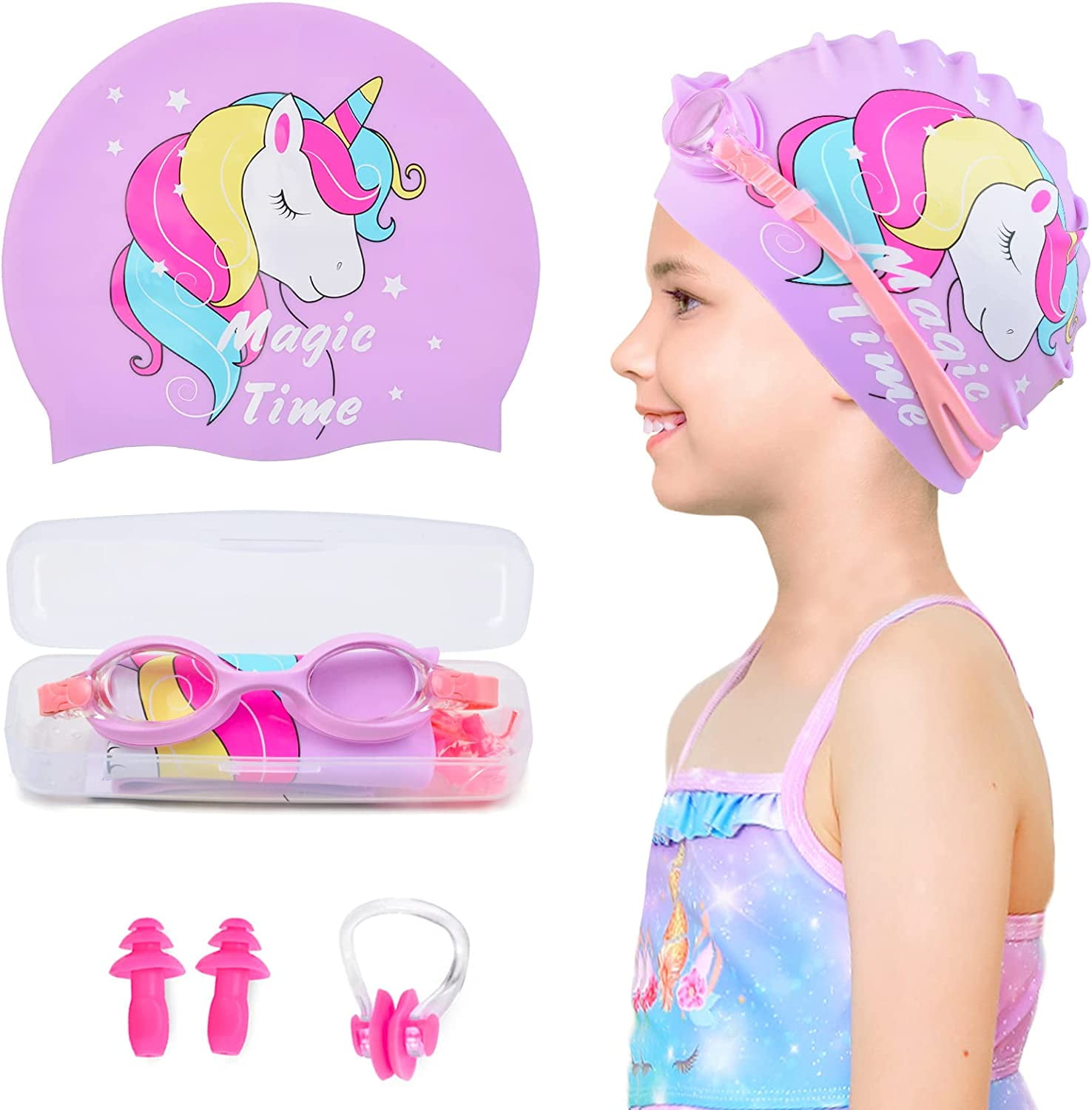 Sylfairy Kids Swim Caps (2-6), Waterproof Silicone Cap with Goggles ...
