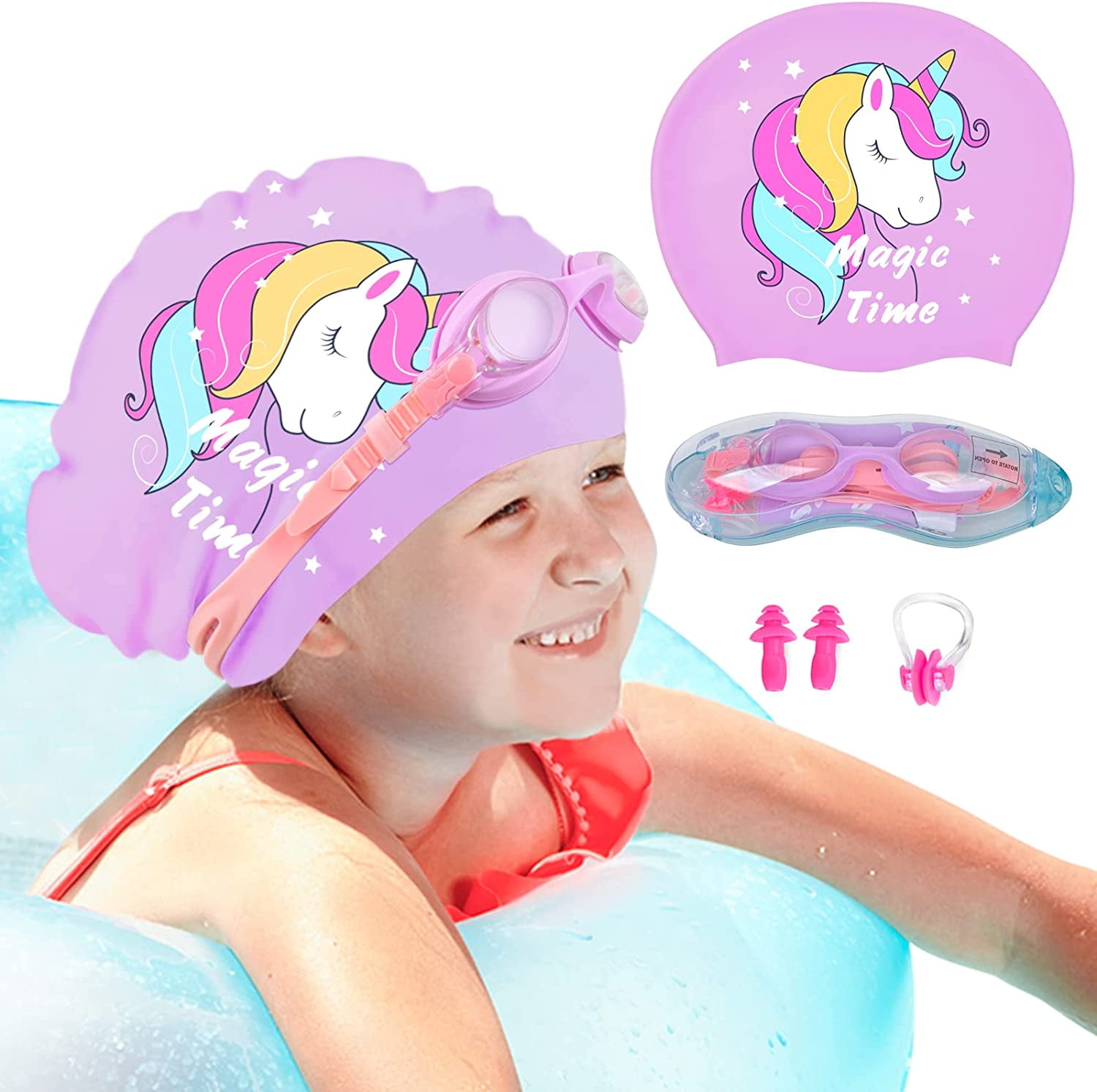 Sylfairy Kids Swim Caps for Girls (Age 4-8), Durable Waterproof ...