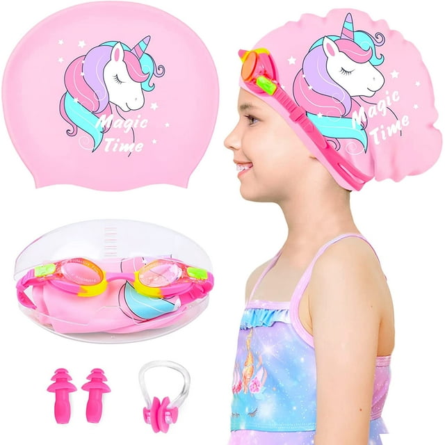 Sylfairy Kids Swim Caps (Age 4-8), Silicone Cap for Long Hair with ...