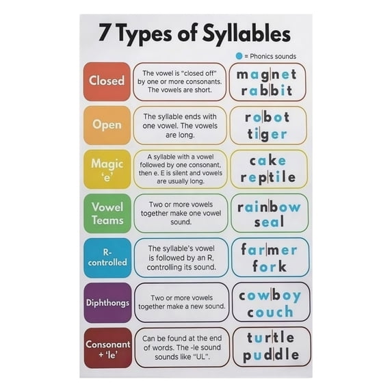 Syllable Types and Division Rules Poster Laminated Phonics Learning ...
