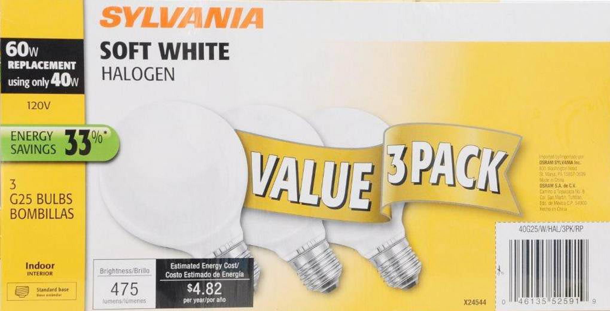 Sylvania Halogen Globe Light Bulbs, 40W (60W Equivalent), Soft White, 3 ...