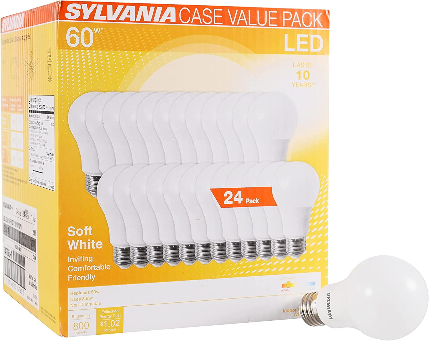 Sylvania LED A19 Light Bulb, 60W Equivalent, Efficient 8.5W, 10 Year ...