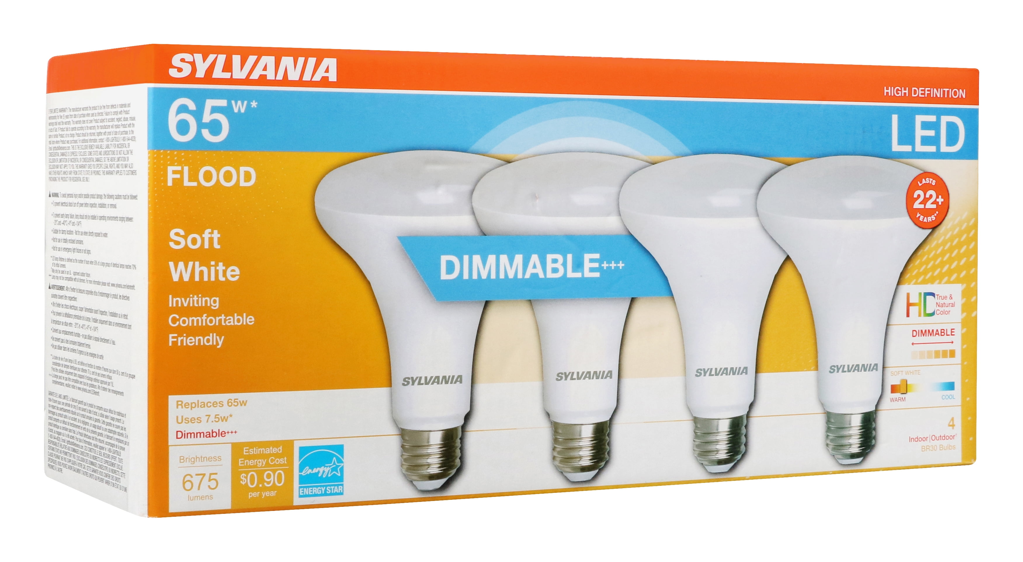Sylvania LED BR30 Light Bulb, 65 Watt, Dimmable, Soft White, 4 Pack ...