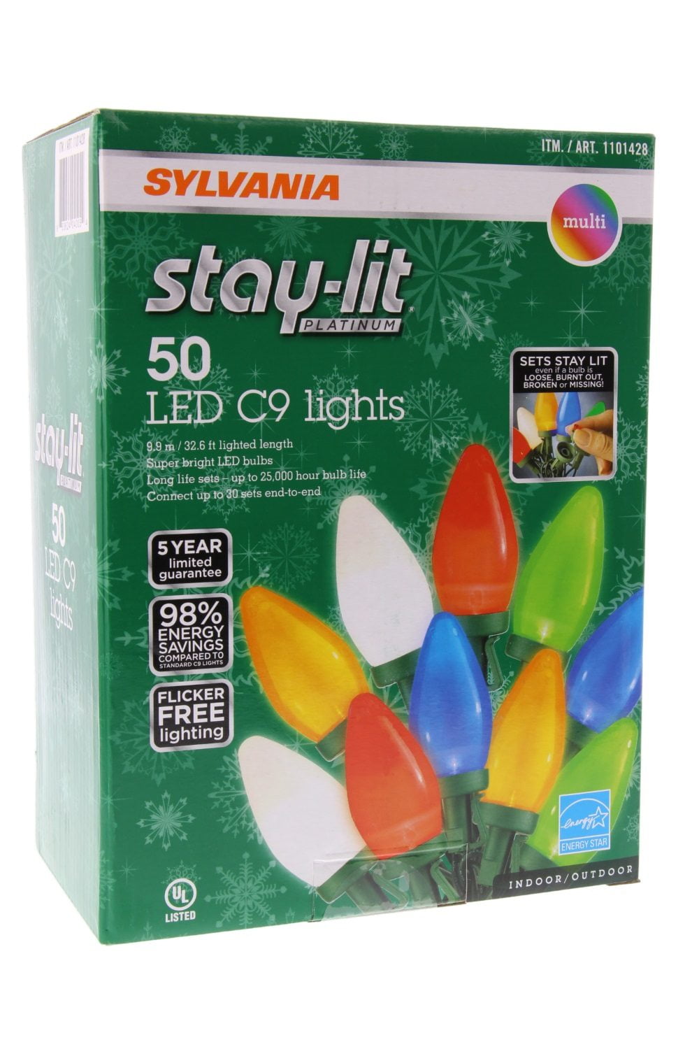 Sylvania Stay-Lit Platinum 50ct C9 LED Indoor/Outdoor Christmas String ...