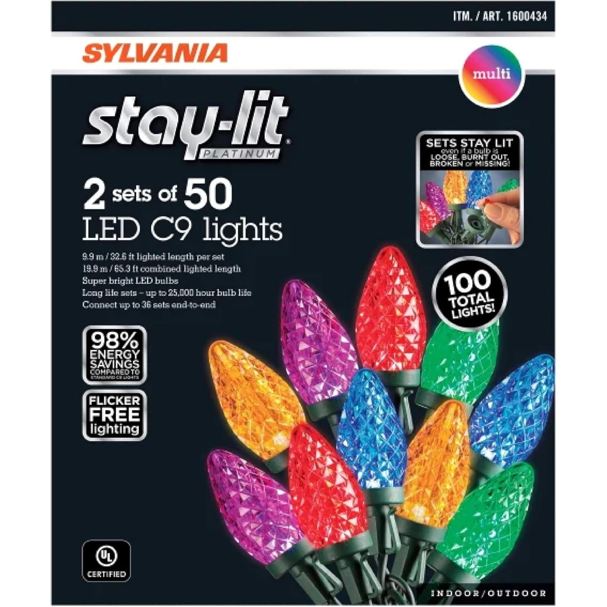 Sylvania Stay-Lit 2 Sets of 50 C9 Faceted LED Christmas Lights ...