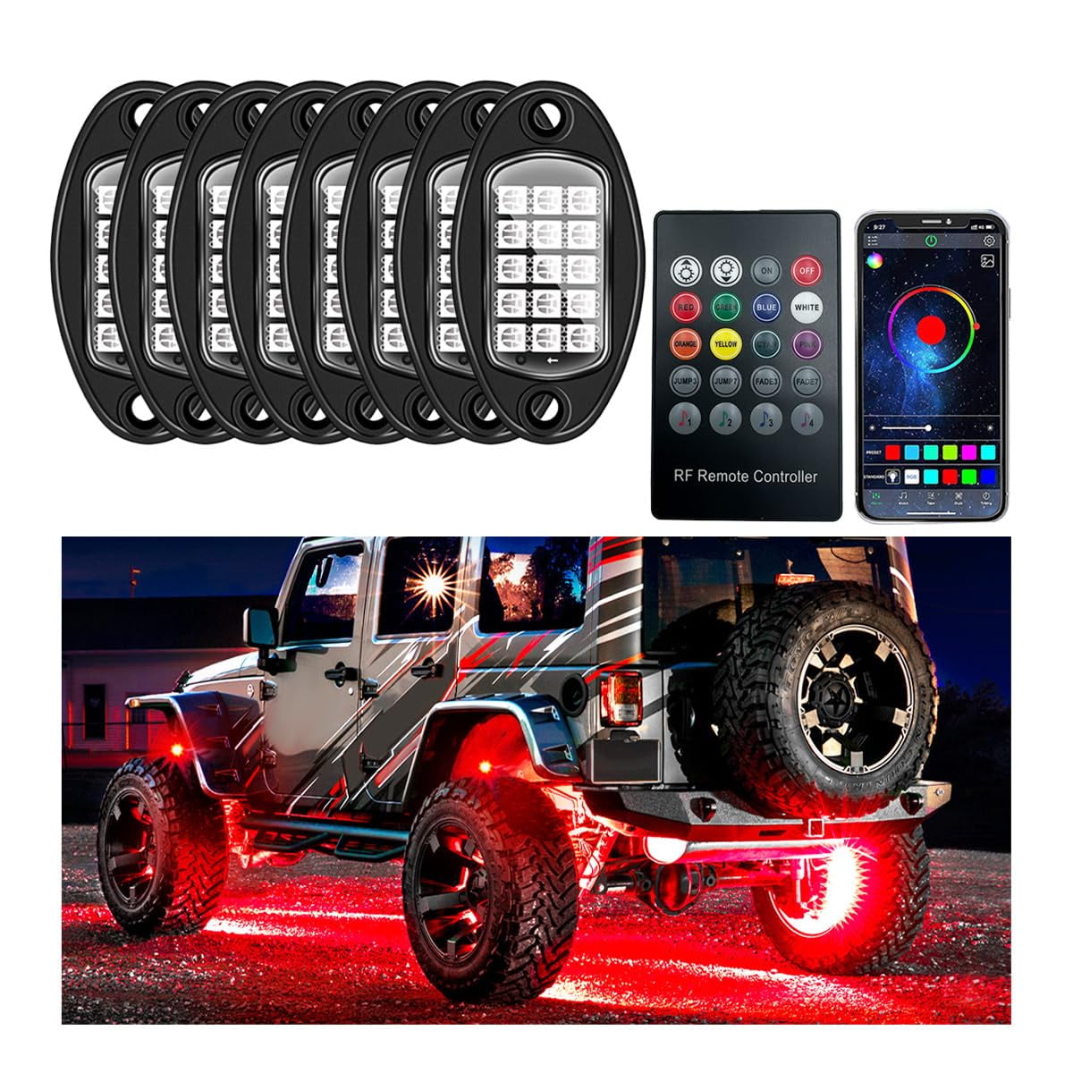 Sylvil 8 Pods Rock Lights for Car, Multi Color RGB LED Rock Lights Kit with APP & Remote Control ...