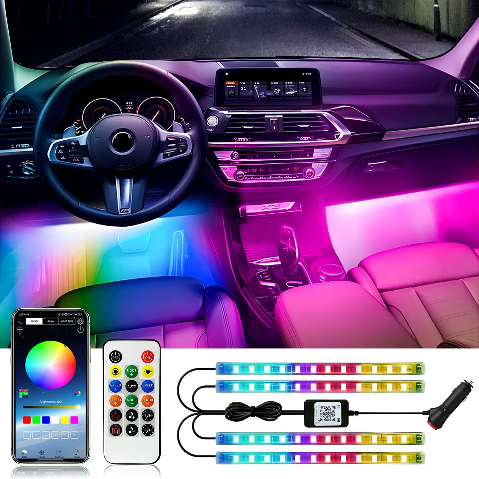 Sylvil Car LED Strip RRF12 Light, 24 LEDs RGB Neon Interior Atmosphere ...
