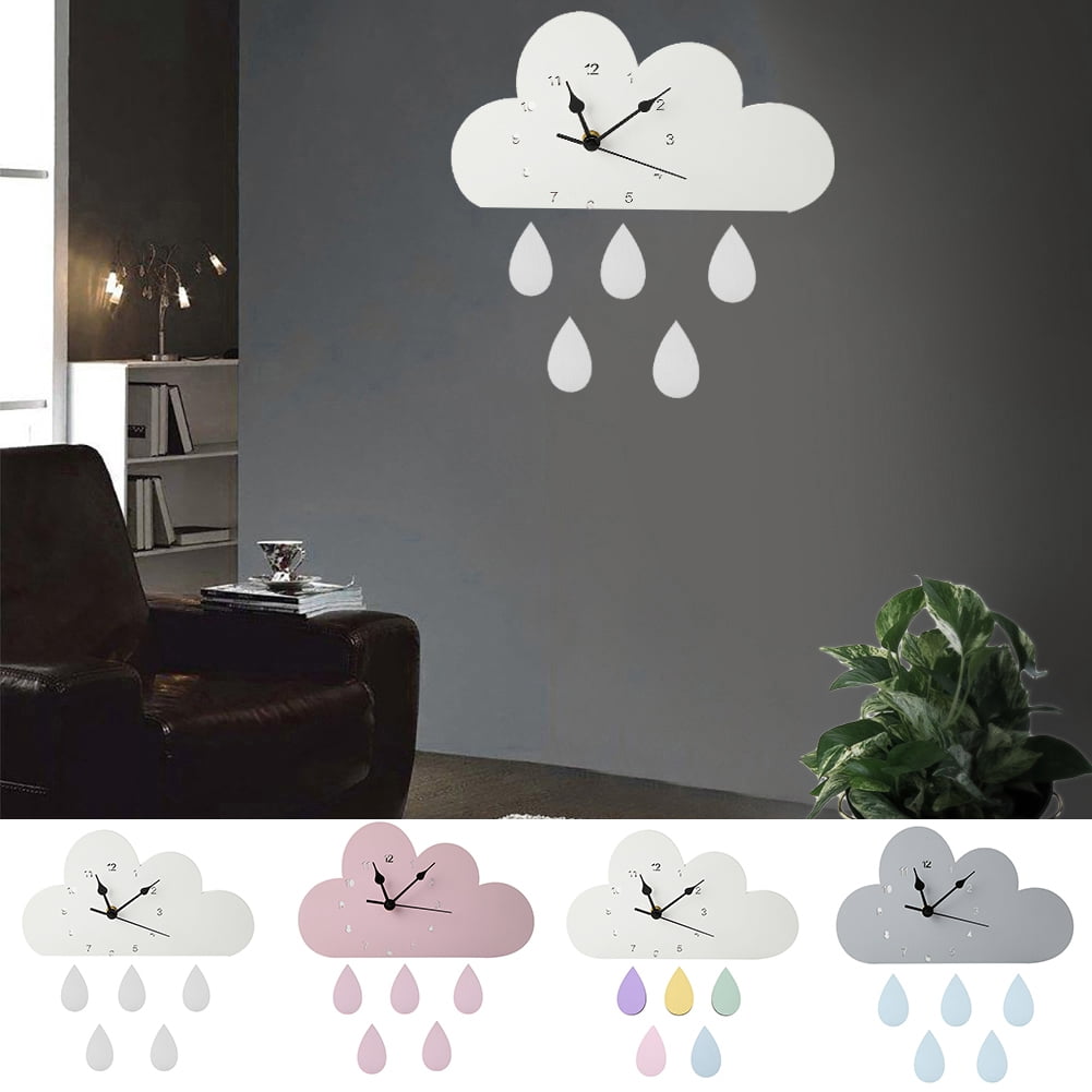 Sylvtty Nordic Wooden Cloud Raindrop Shaped Wall Clock Nursery Kids ...