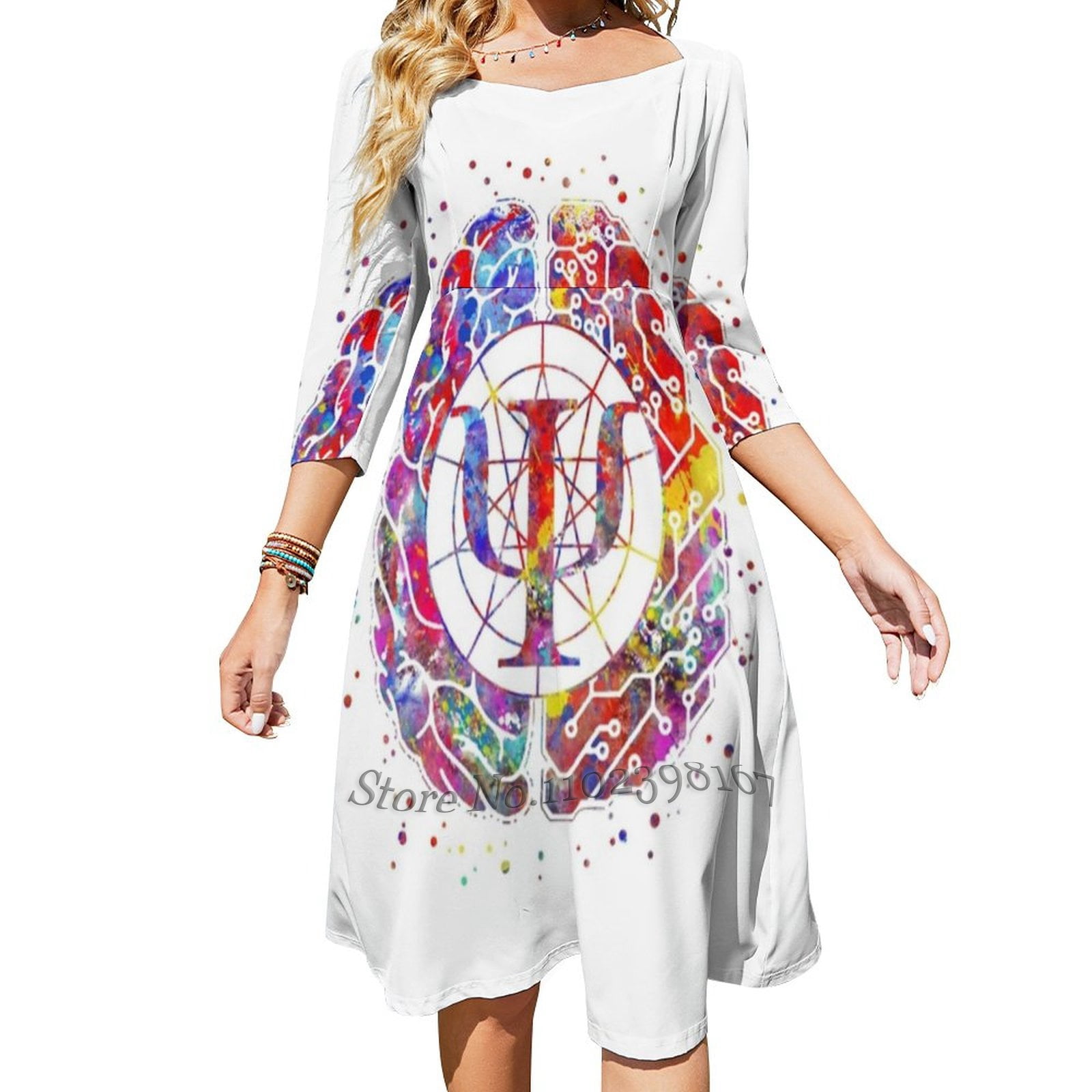 Symbol And Brain Square Neck Dress Sweet Summer Dress Women Elegant ...