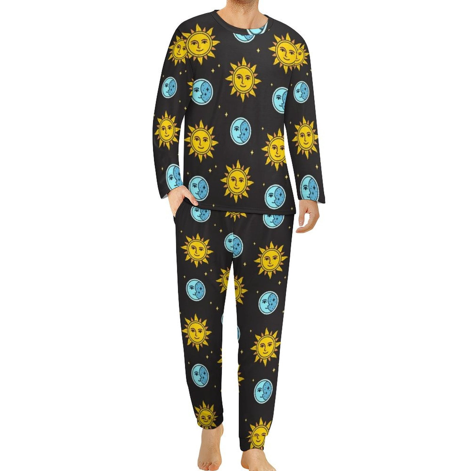 Symbol Art Print Pajamas Long Sleeve Black Sun And Moon 2 Pieces Casual ...