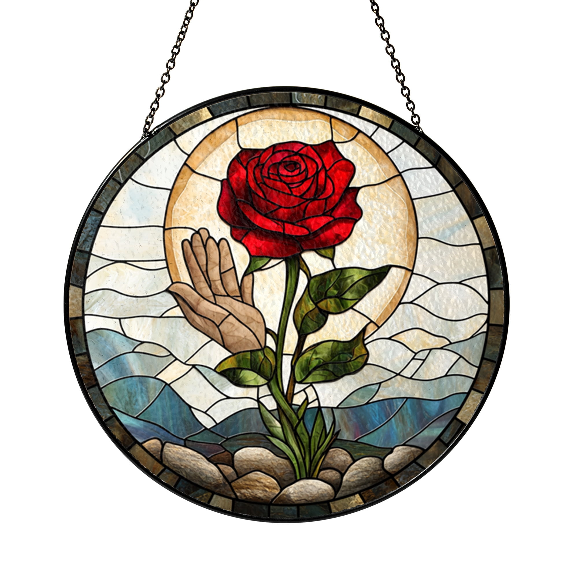 Symbolic Skeleton Hand Rose Stained Glass Window Hanging Decor ...
