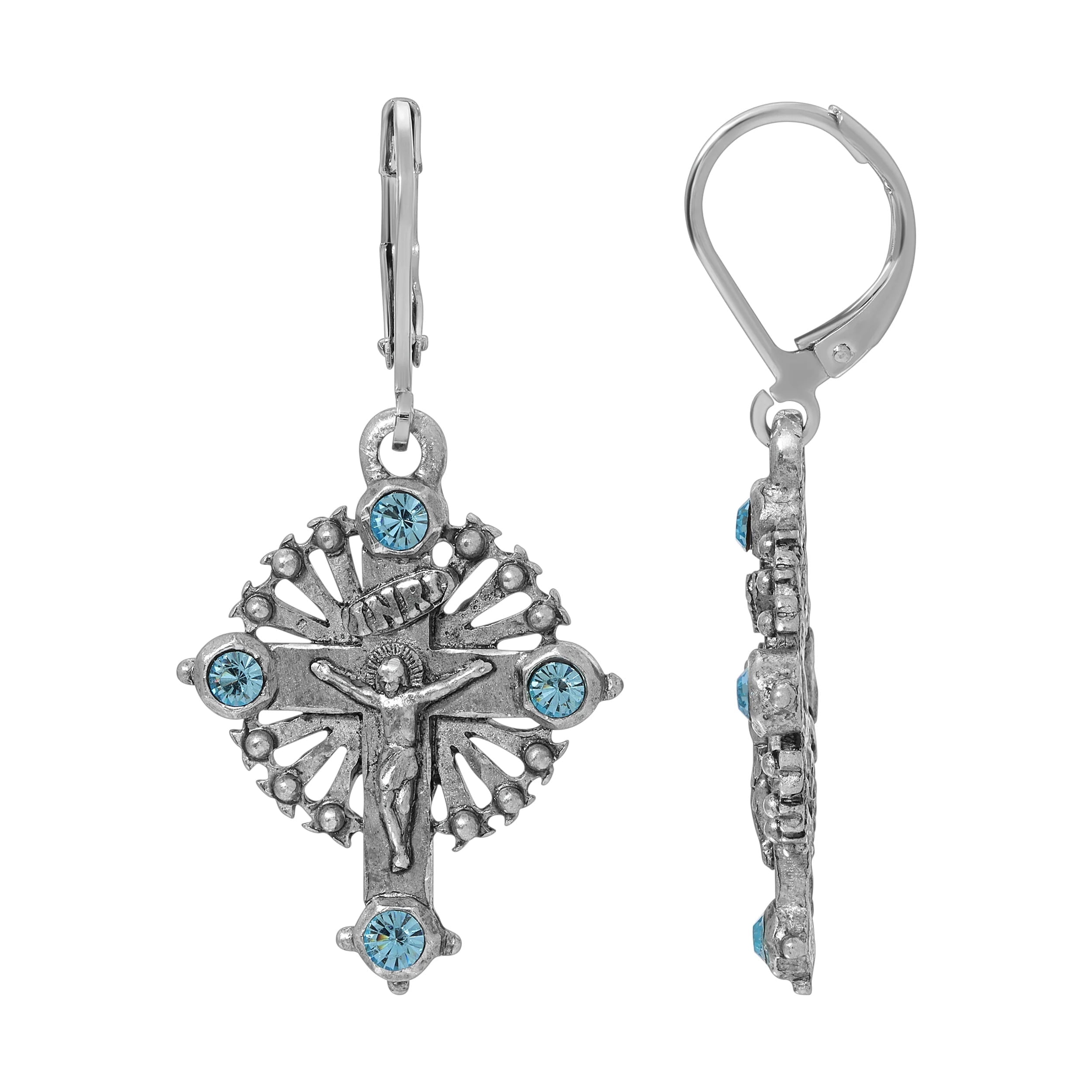 Symbols Of Faith INRI Crucifix Aqua Blue Crystal Drop Earrings ...