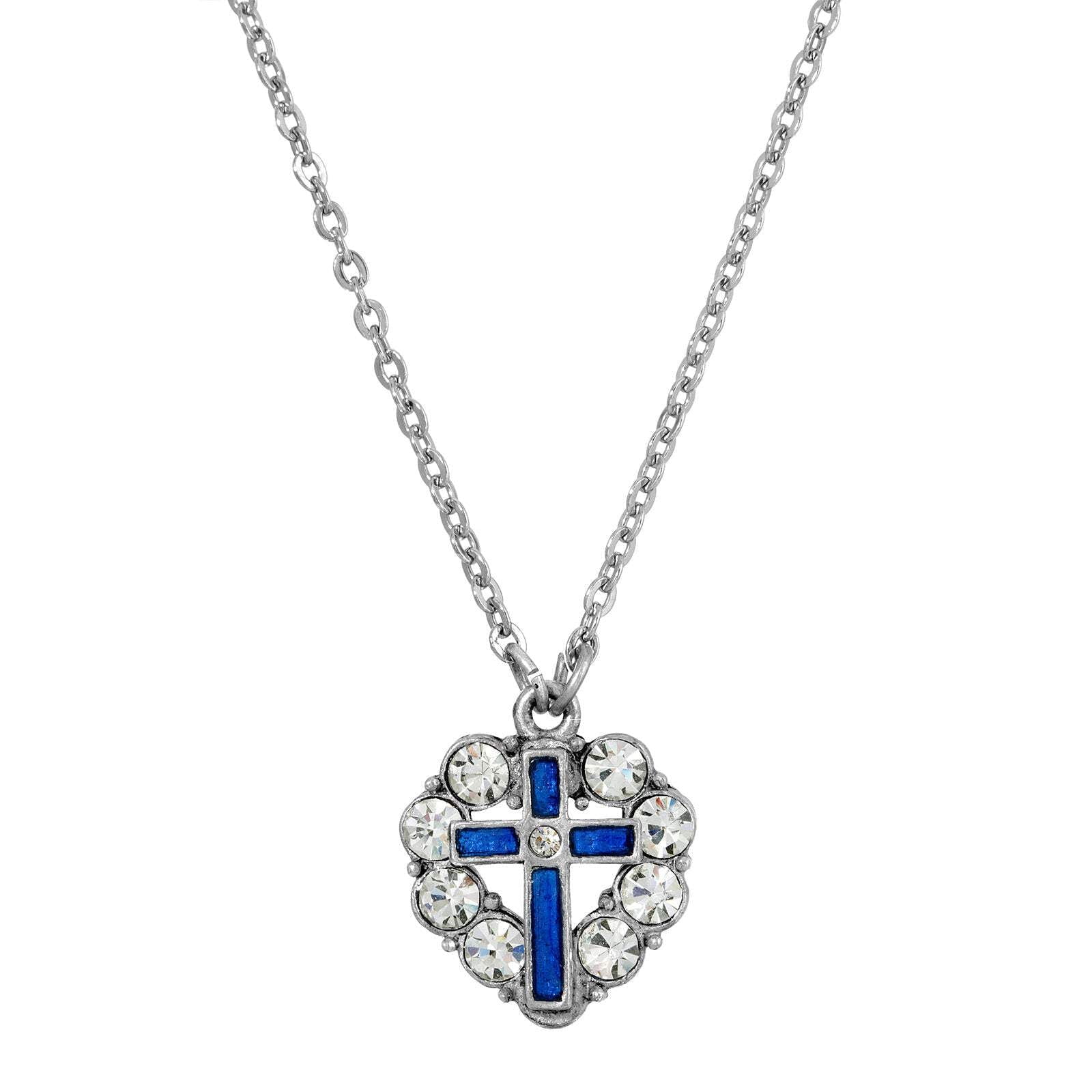 Symbols Of Faith Pewter Blue Enamel Cross Crystal Heart Pendant ...