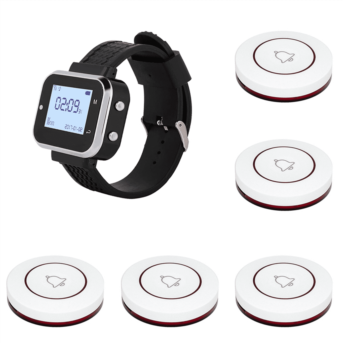 Symkmb Wireless Calling System 5 Table Call Button Transmitters 1 Watch Pager, Restaurant Waiter ...