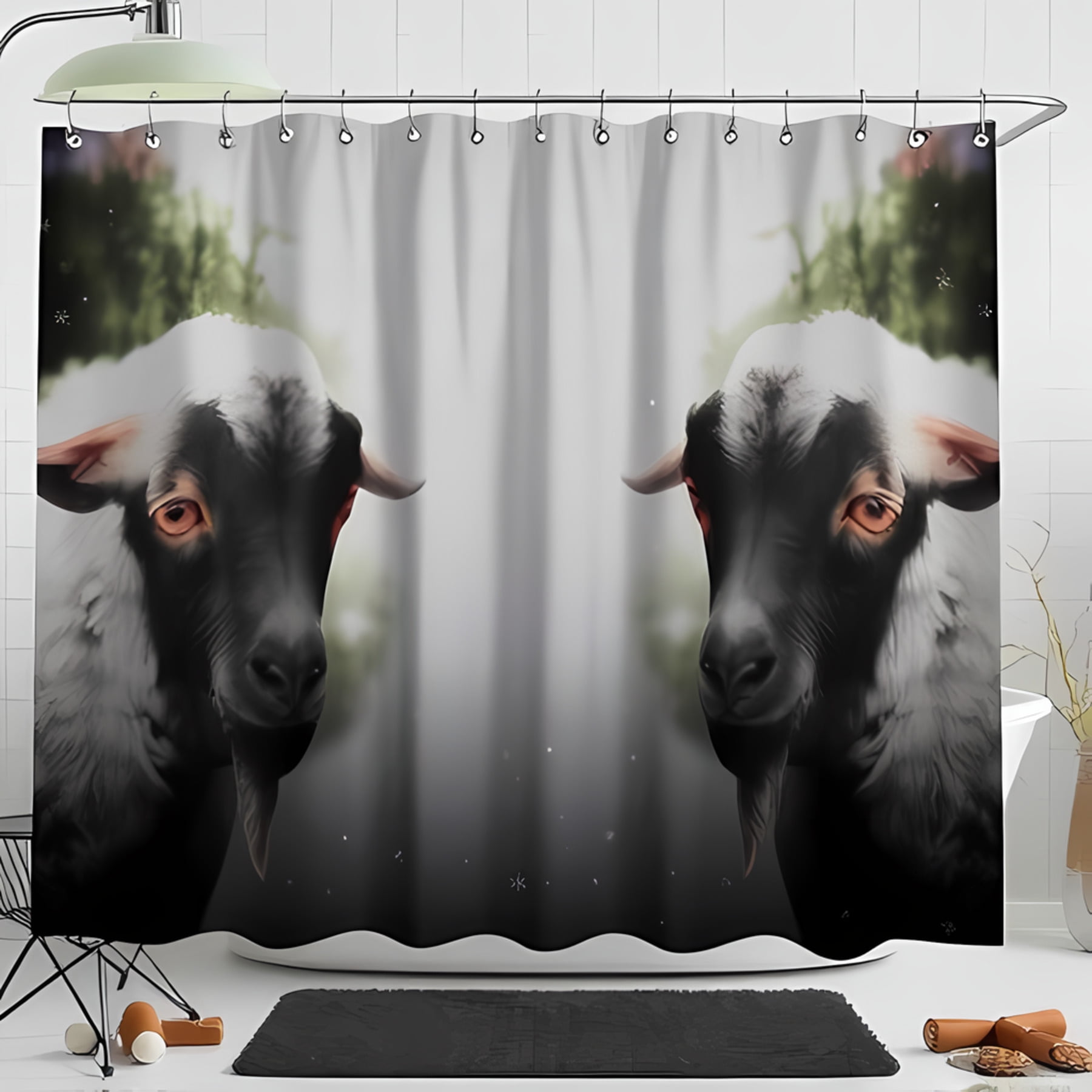 Symmetrical Black and White Sheep Shower Curtain with Starry Sky and ...