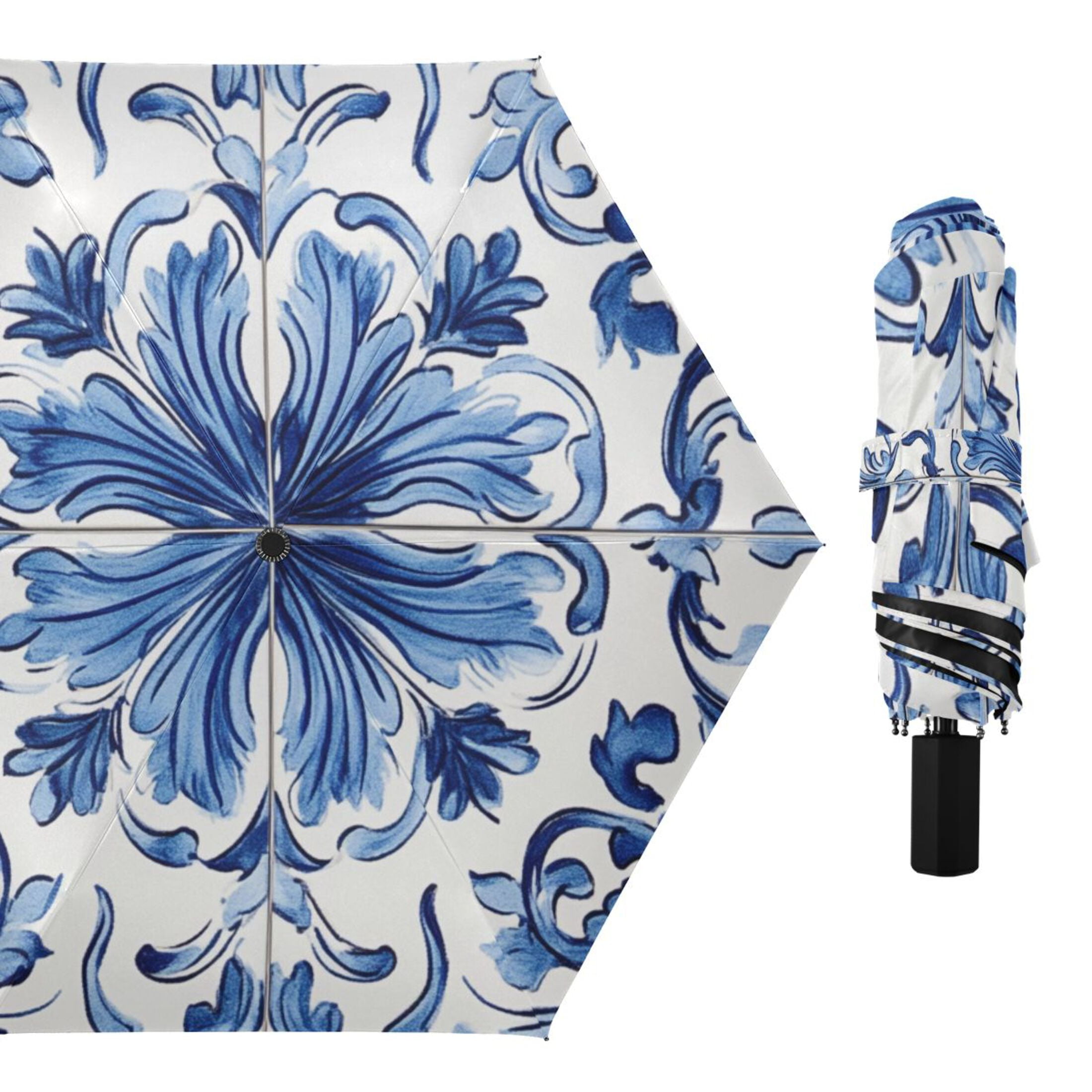 Symmetrical Blue Flower Patten Tile All Weather Umbrella Triple Folding ...