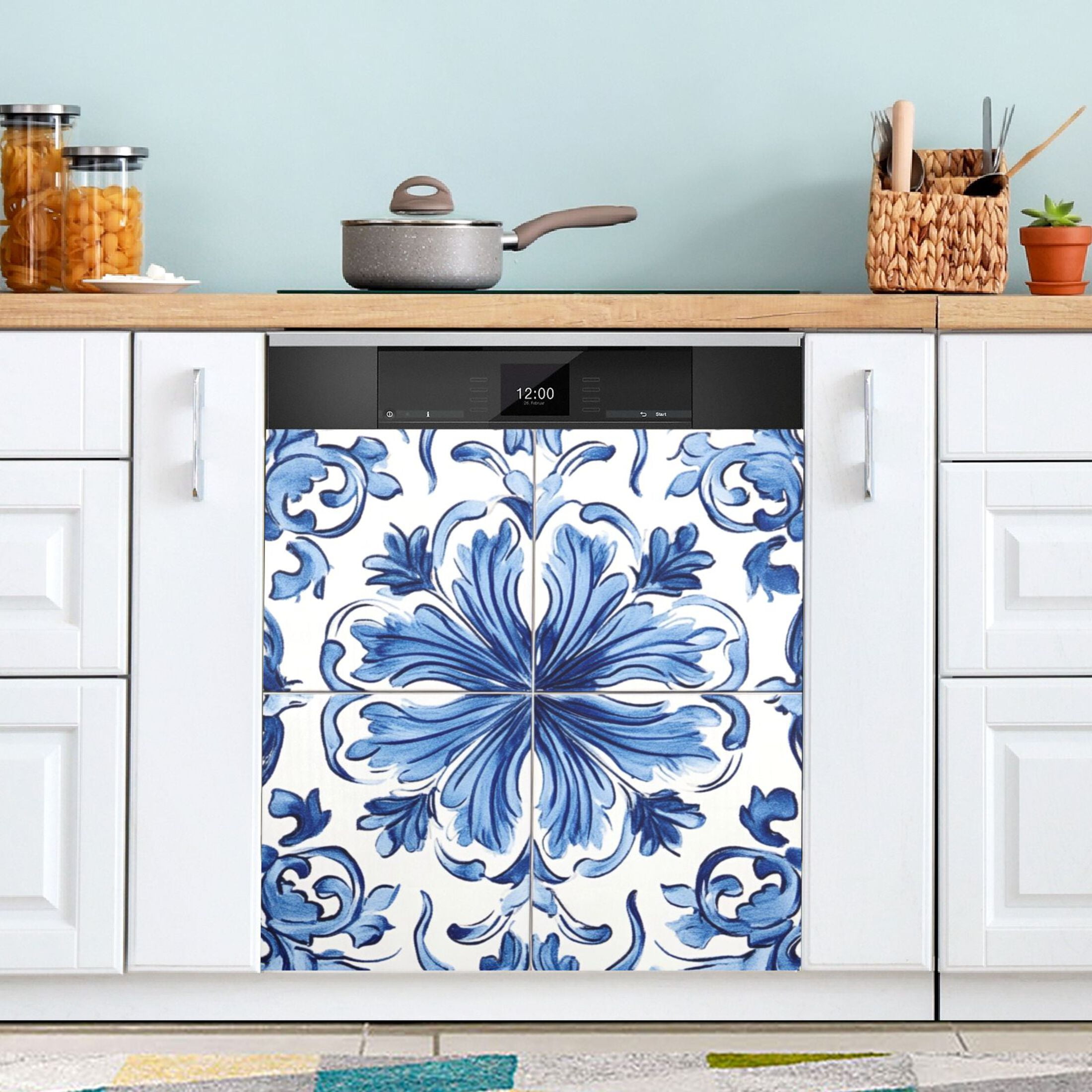 Symmetrical Blue Flower Patten Tile Dishwasher Magnet Refrigerator ...