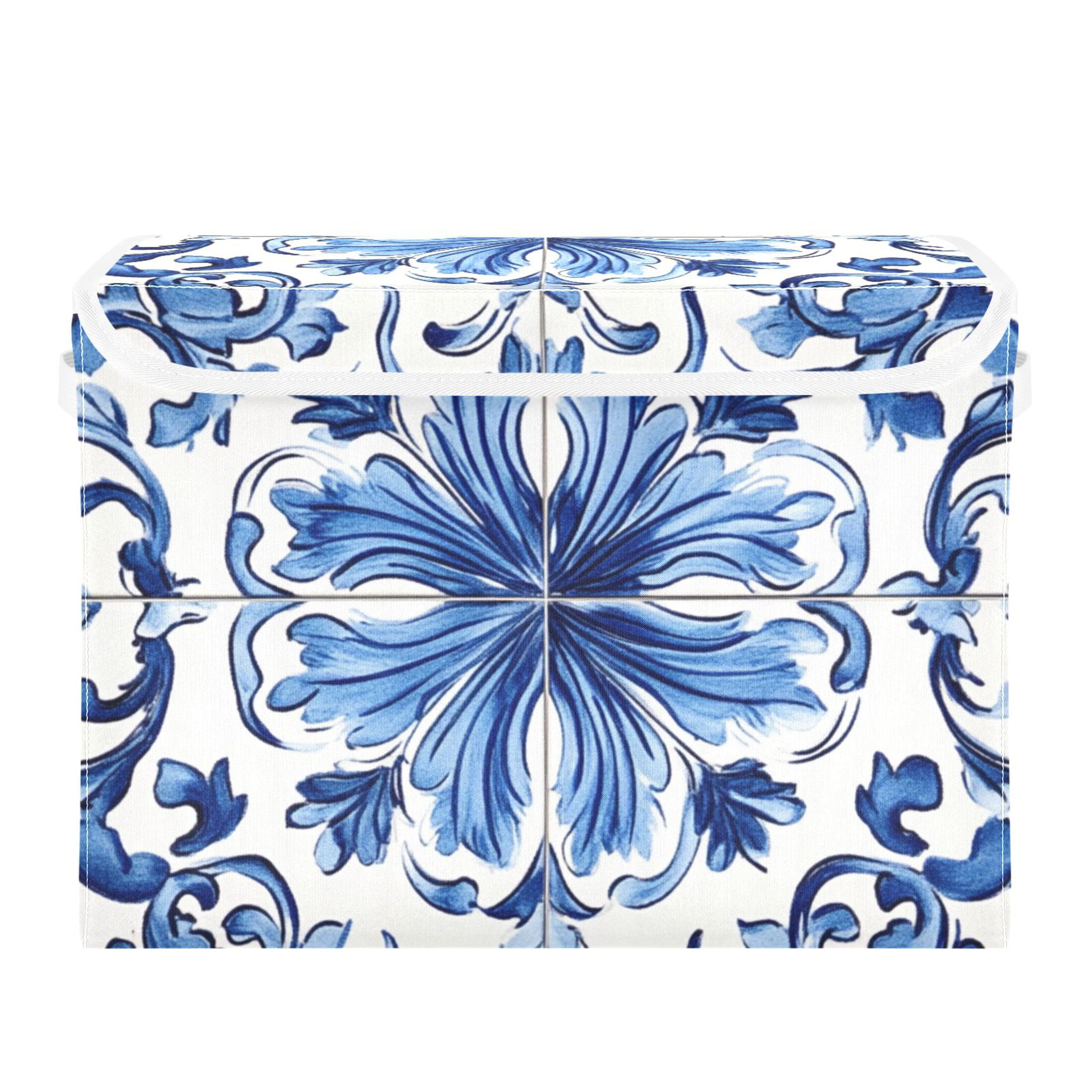 Symmetrical Blue Flower Patten Tile Foldable Storage Bin with Lid and ...