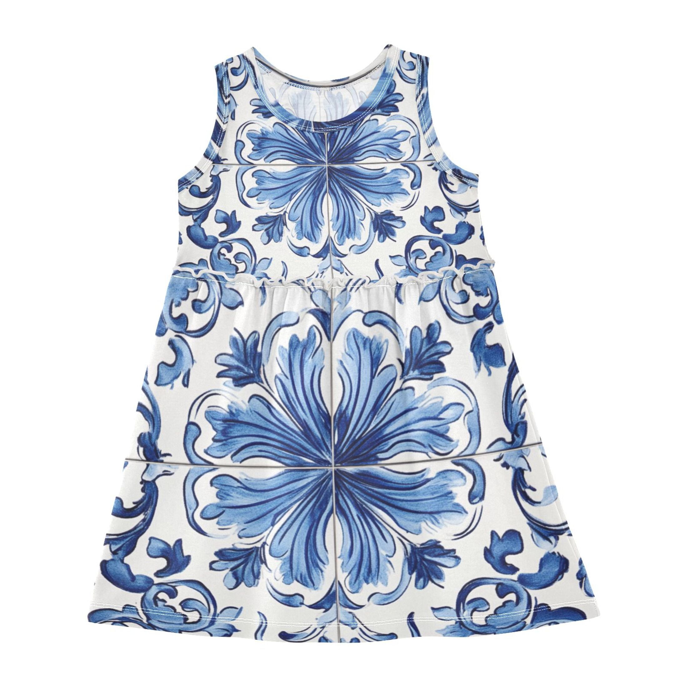 Symmetrical Blue Flower Patten Tile Girls' Sleeveless Dress A-Line One ...