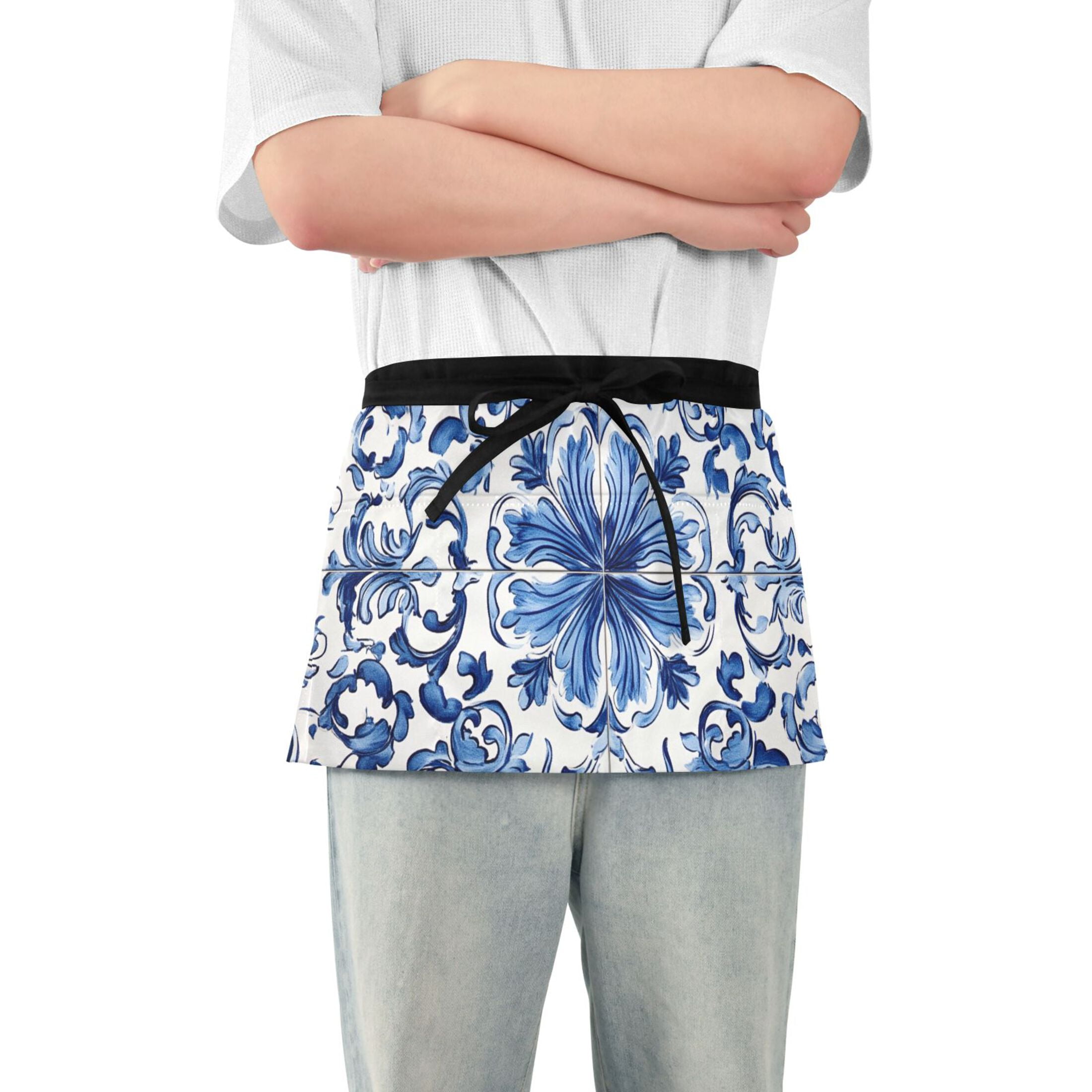 Symmetrical Blue Flower Patten Tile Short Server Apron with 3 Pockets ...