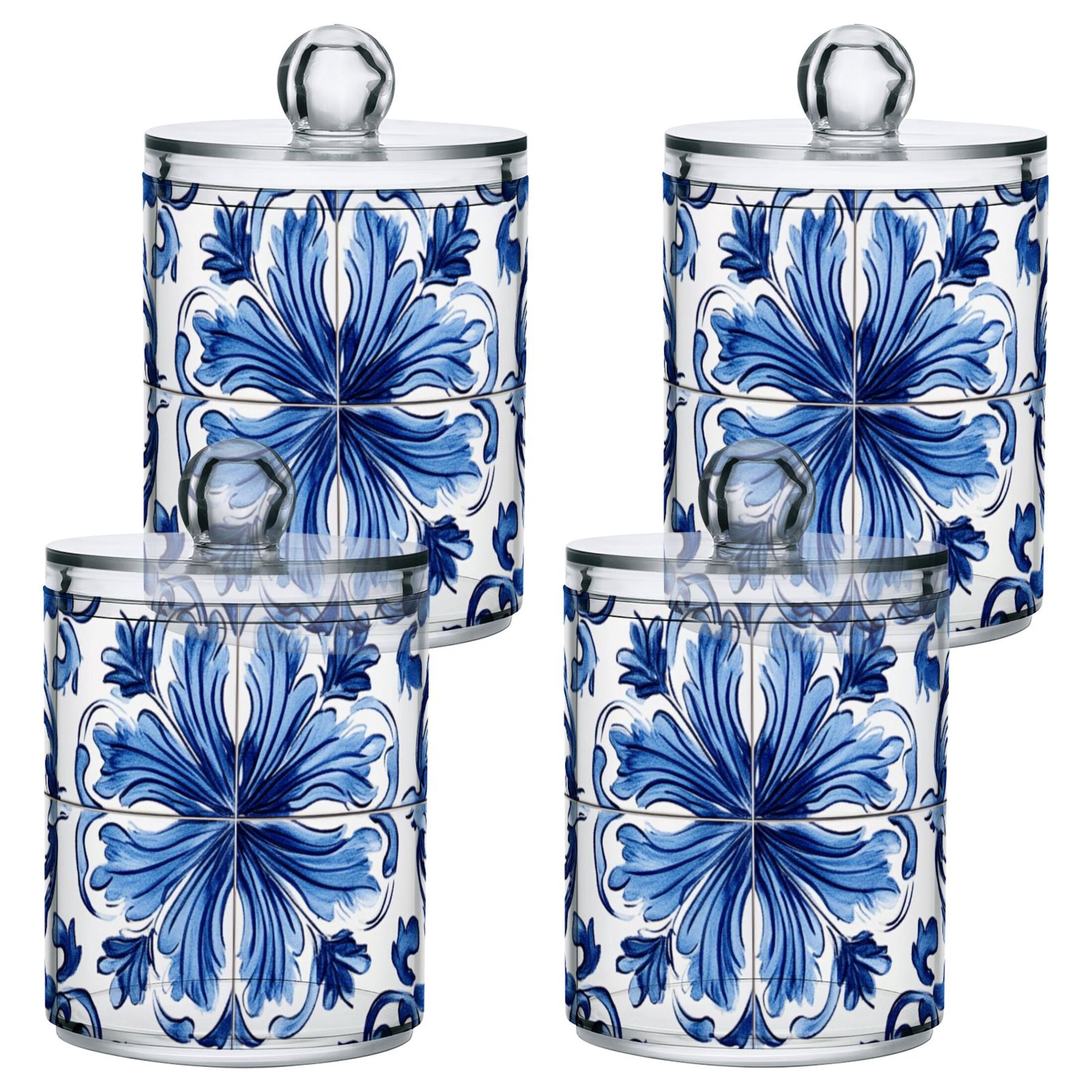 Symmetrical Blue Flower Patten Tile Translucent Plastic Cans Storage ...